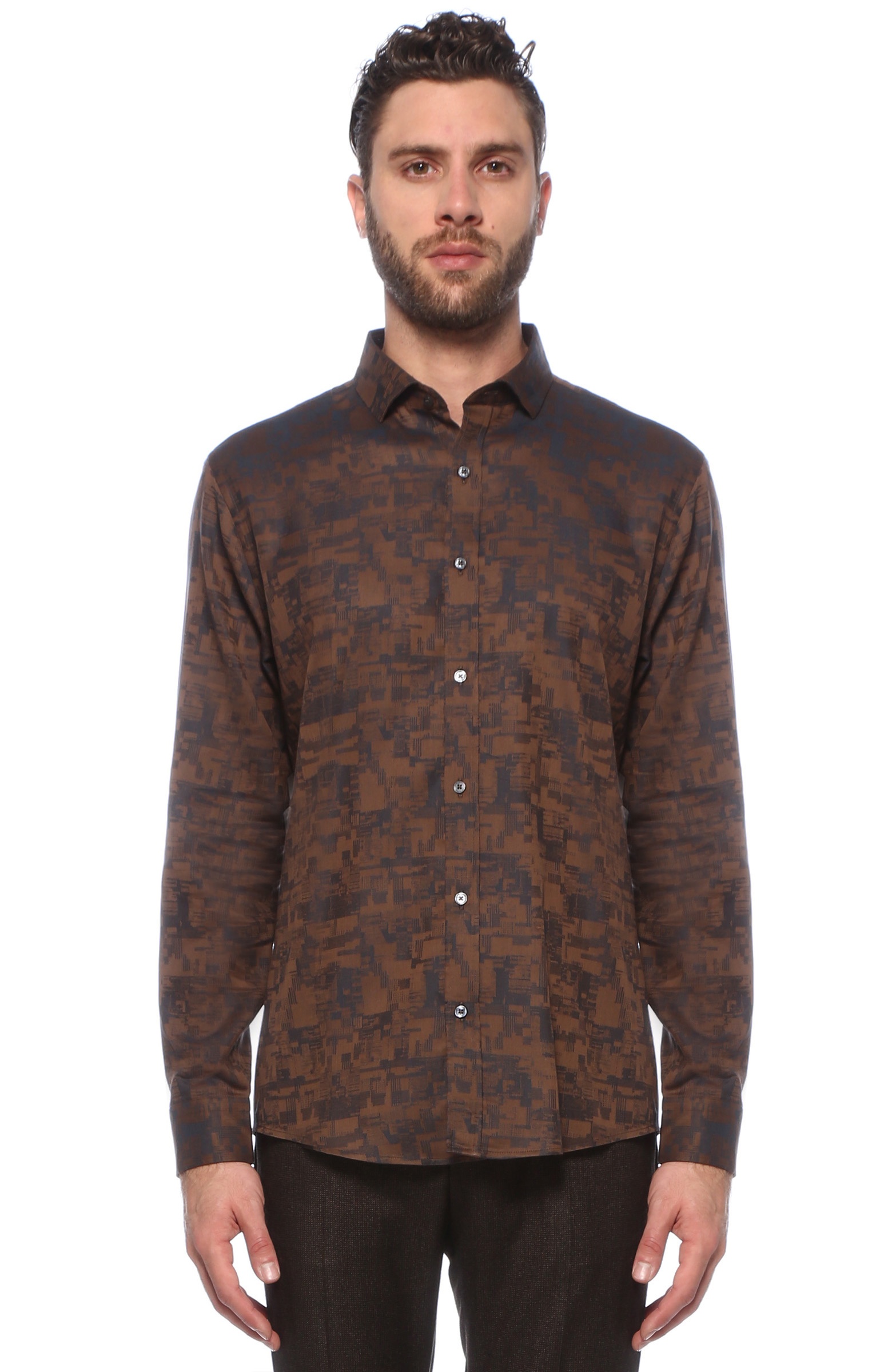 Slim Fit Kahverengi İtalyan Yaka Jakarlı Gömlek Slim Fit Kahverengi İtalyan Yaka Jakarlı Gömlek