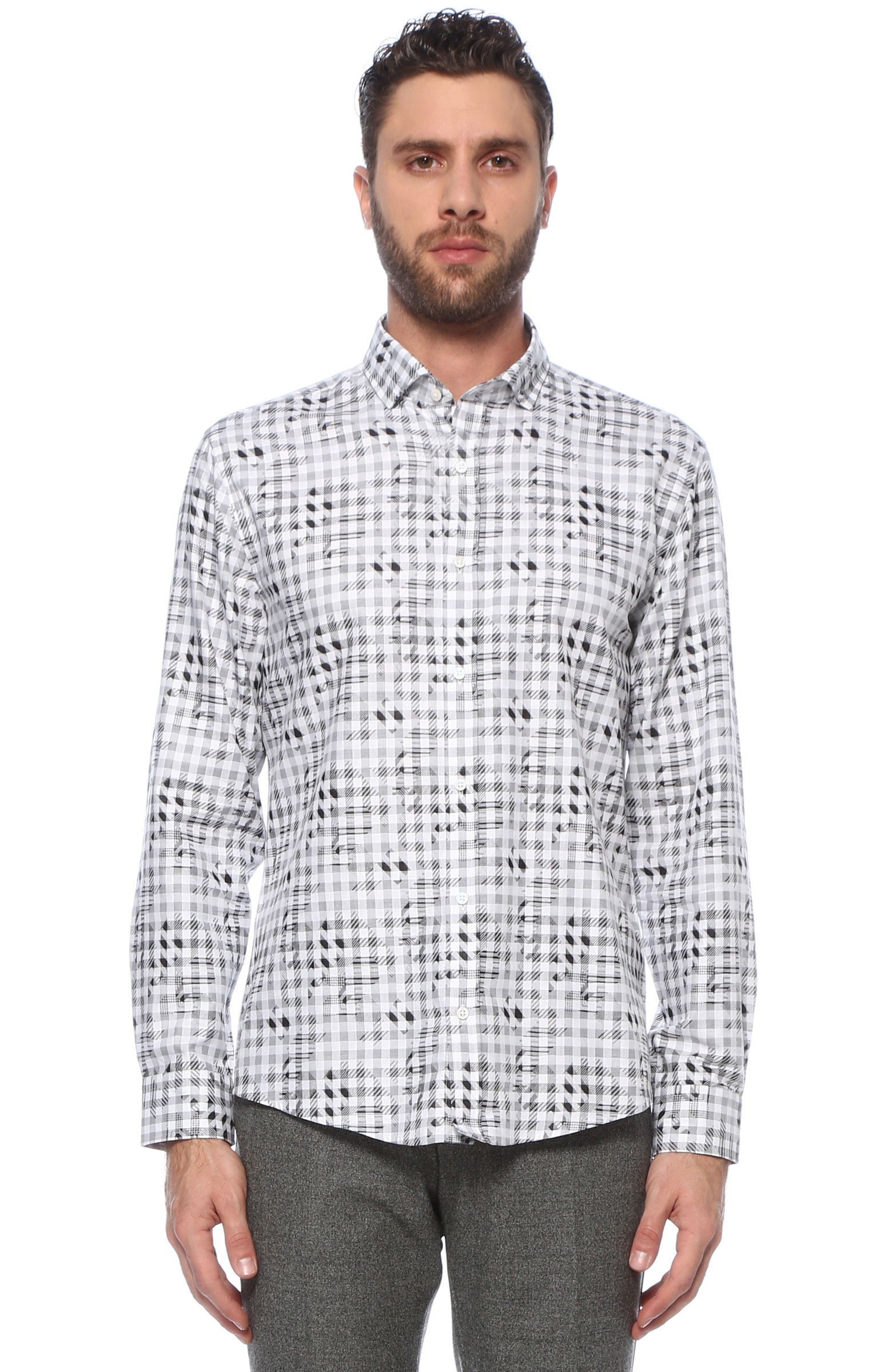 Slim Fit Gri İtalyan Yaka Jakarlı Gömlek Slim Fit Gri İtalyan Yaka Jakarlı Gömlek