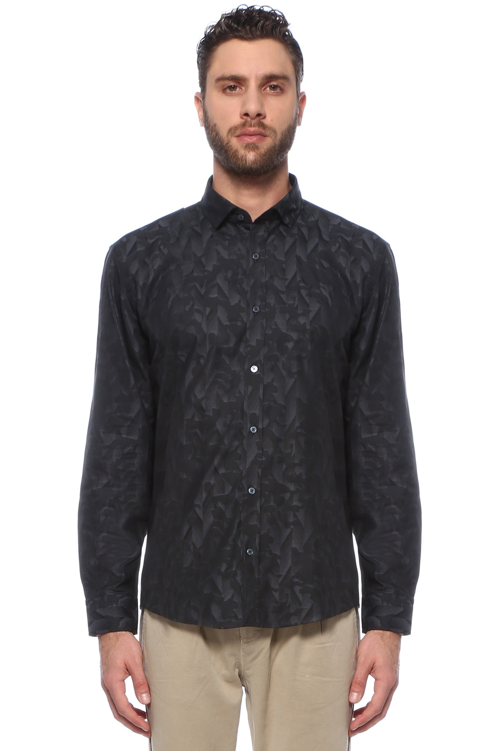 Slim Fit Siyah İtalyan Yaka Jakarlı Gömlek Slim Fit Siyah İtalyan Yaka Jakarlı Gömlek