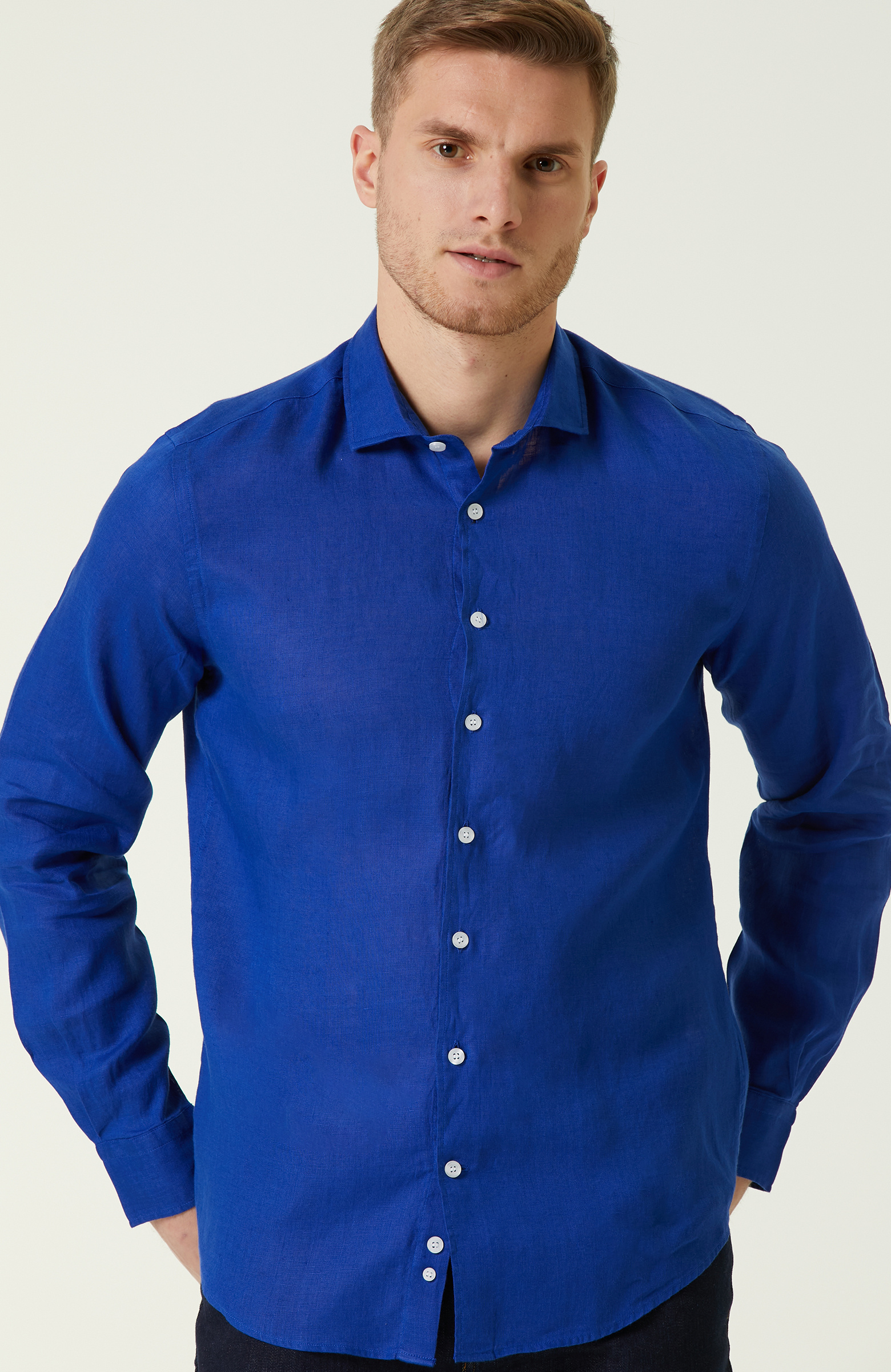 Slim Fit Lacivert Keten Gömlek