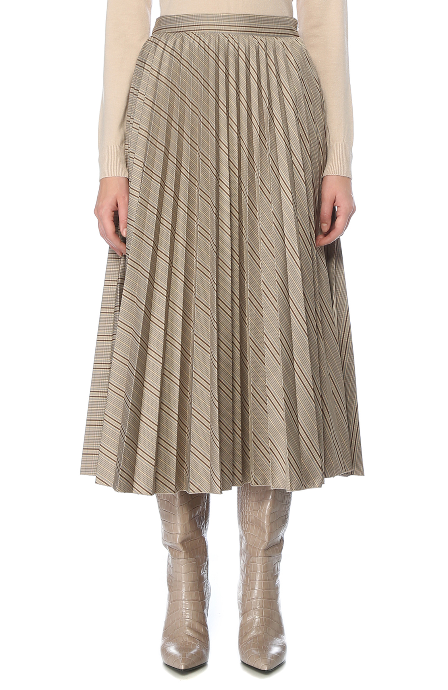 Ekose Desenli Pilili Midi Etek