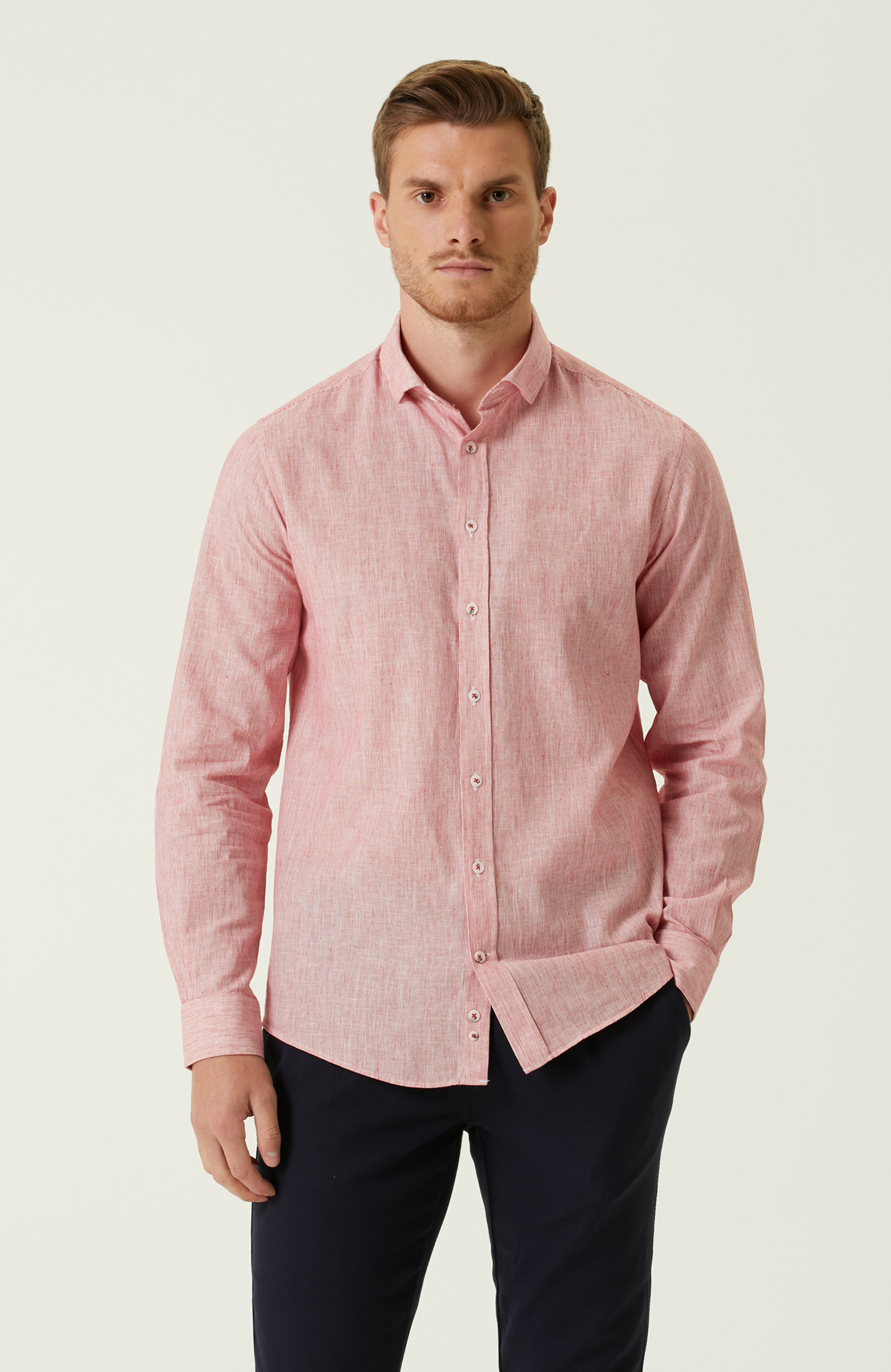 Slim Fit Çizgili İtalyan Yaka Gömlek