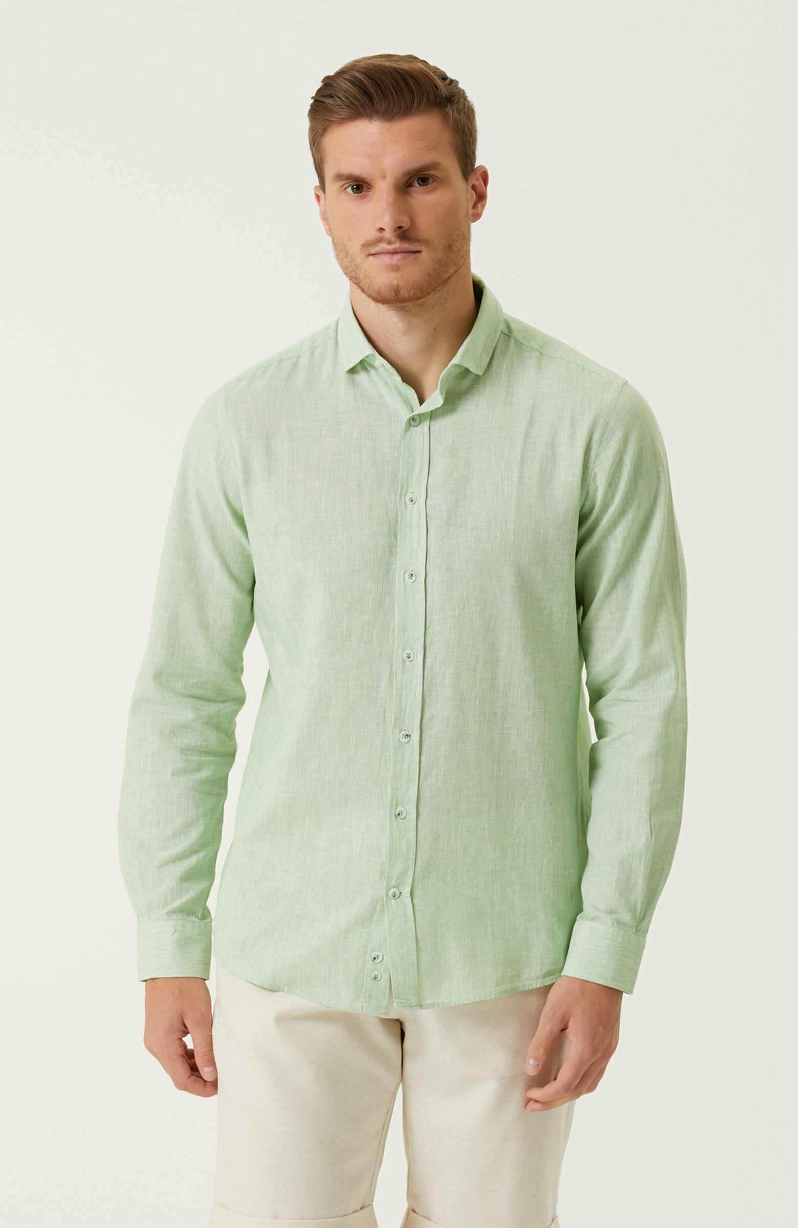 Slim Fit Yeşil Çizgili İtalyan Yaka Gömlek