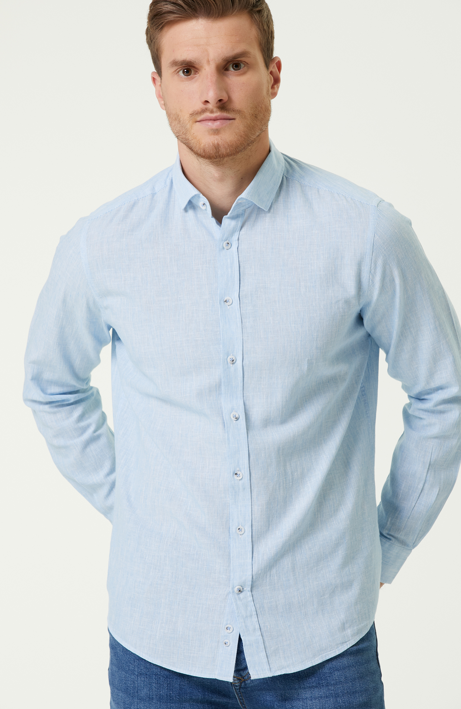 Slim Fit Mavi Çizgili İtalyan Yaka Gömlek Slim Fit Mavi Çizgili İtalyan Yaka Gömlek