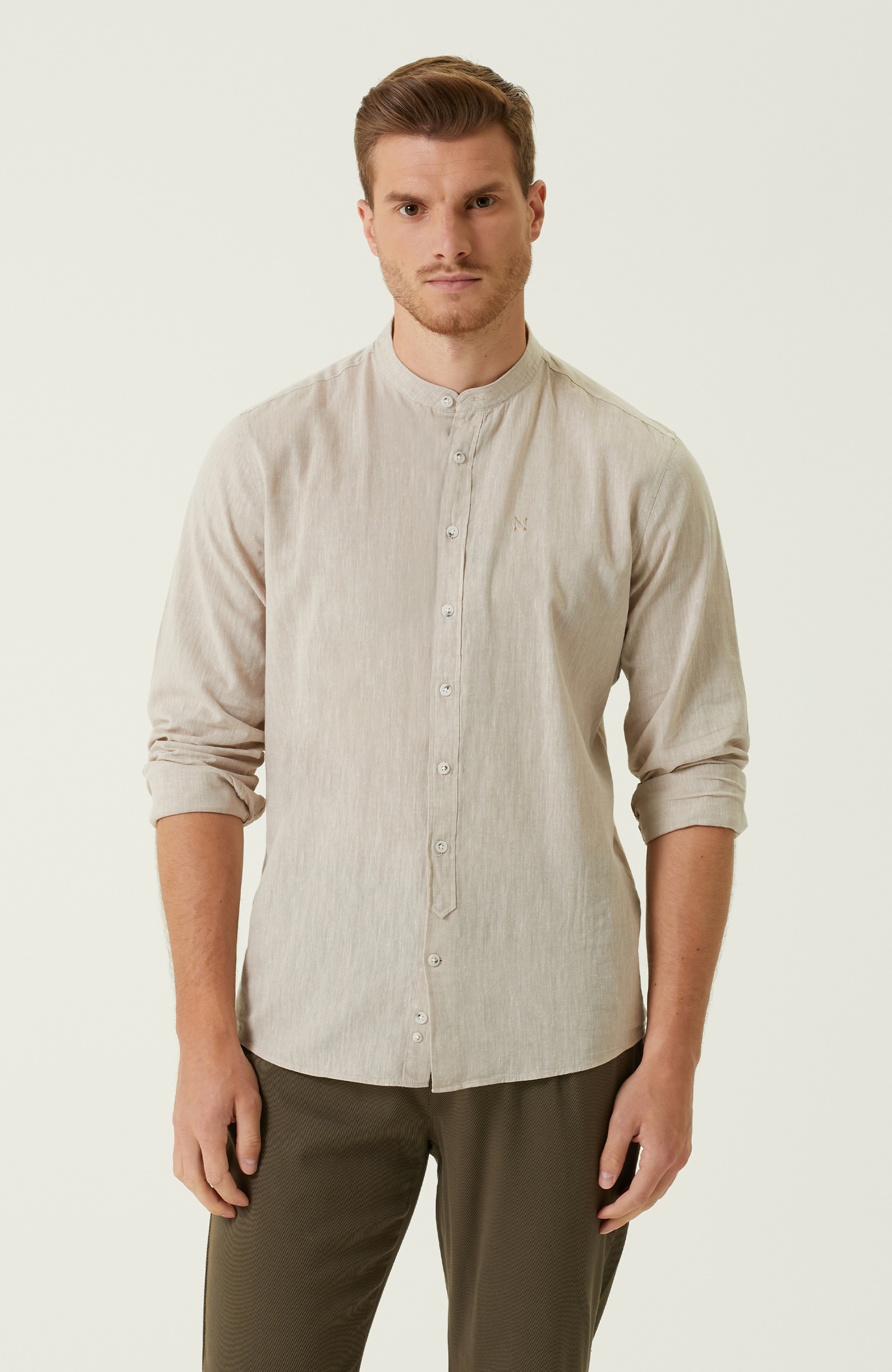 Slim Fit Bej Hakim Yaka Gömlek