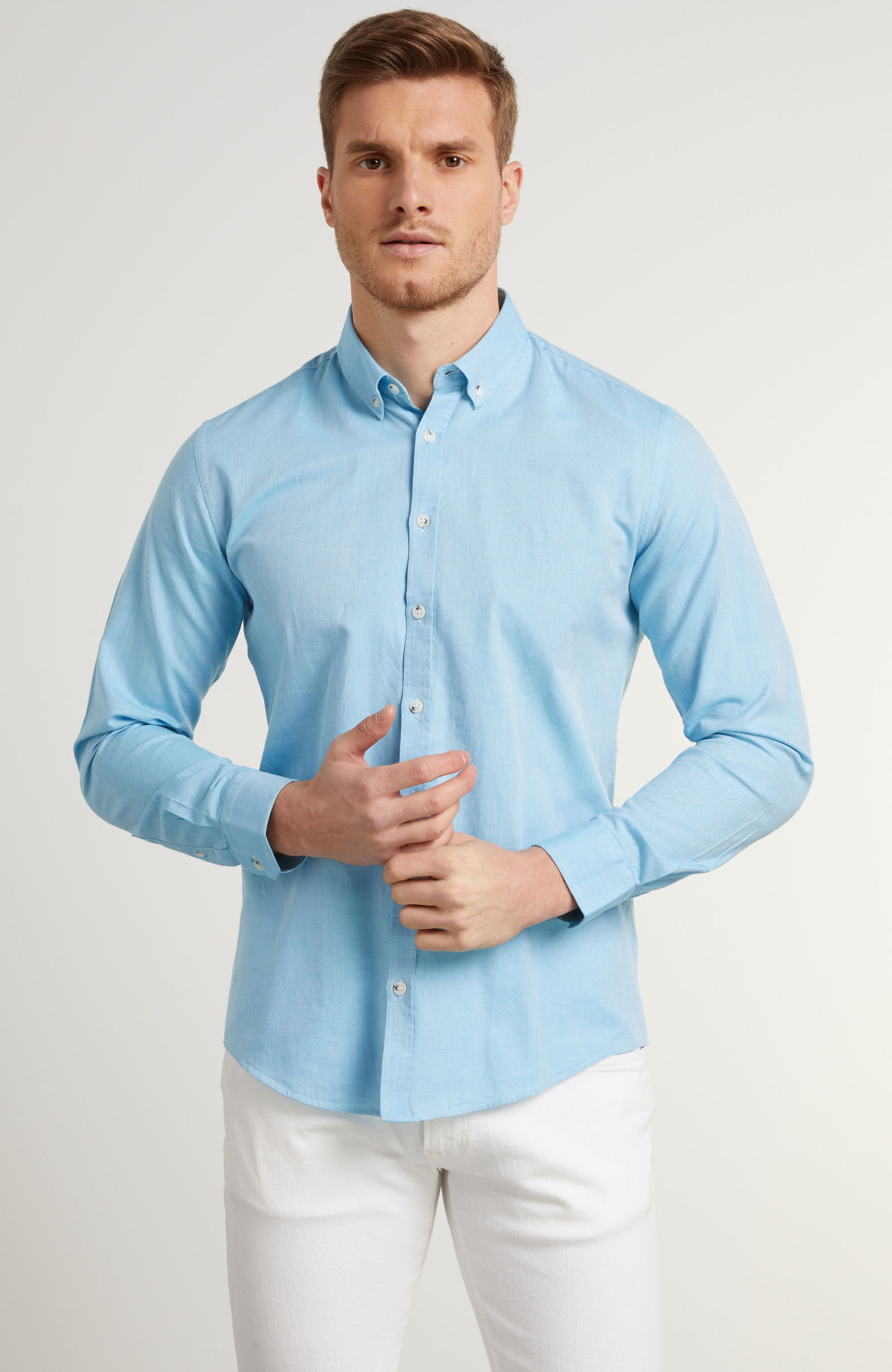 Slim Fit Turkuaz Düğmeli Yaka Gömlek Slim Fit Turkuaz Düğmeli Yaka Gömlek
