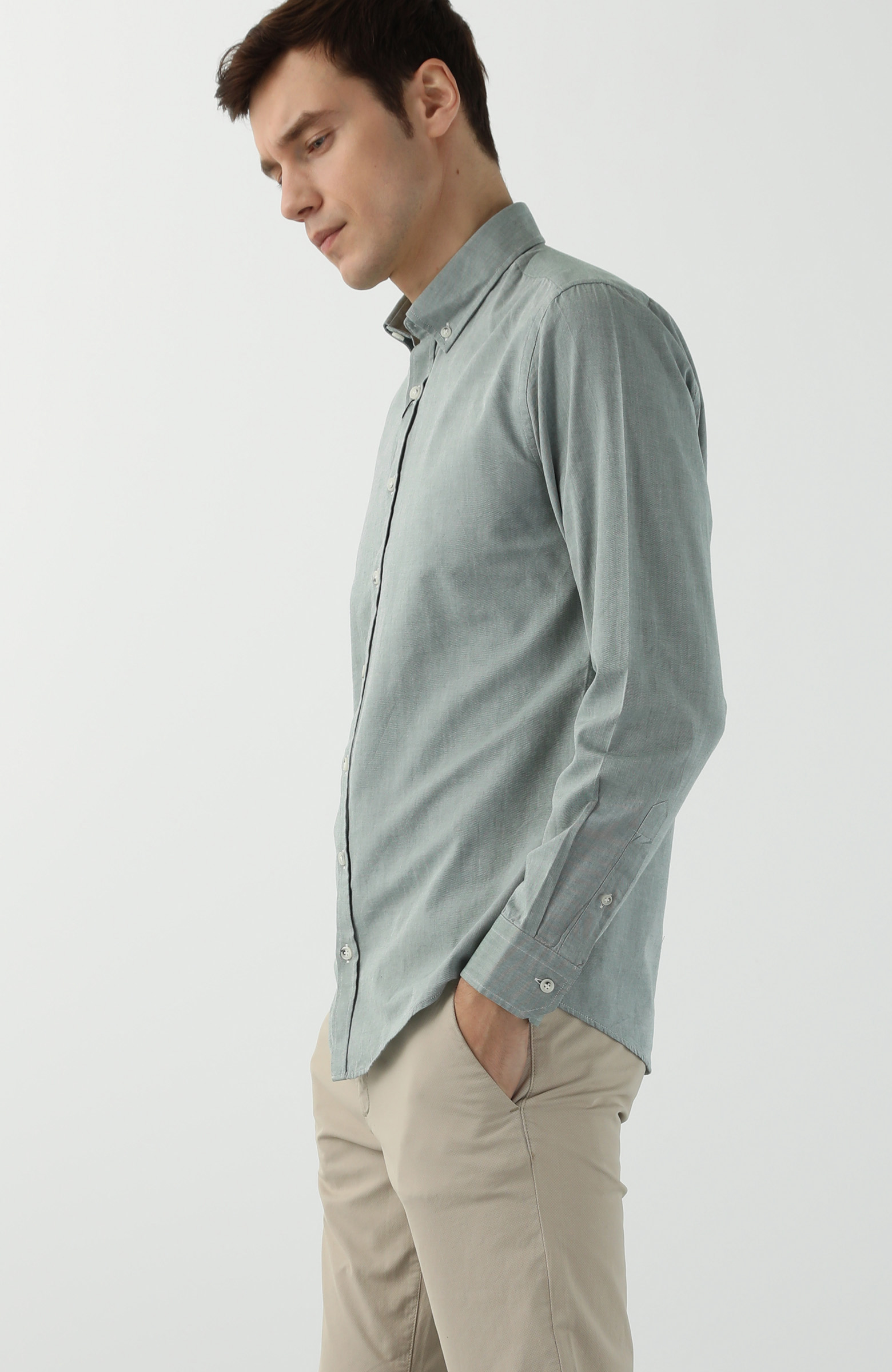 Slim Fit Yeşil Düğmeli Yaka Gömlek Slim Fit Yeşil Düğmeli Yaka Gömlek