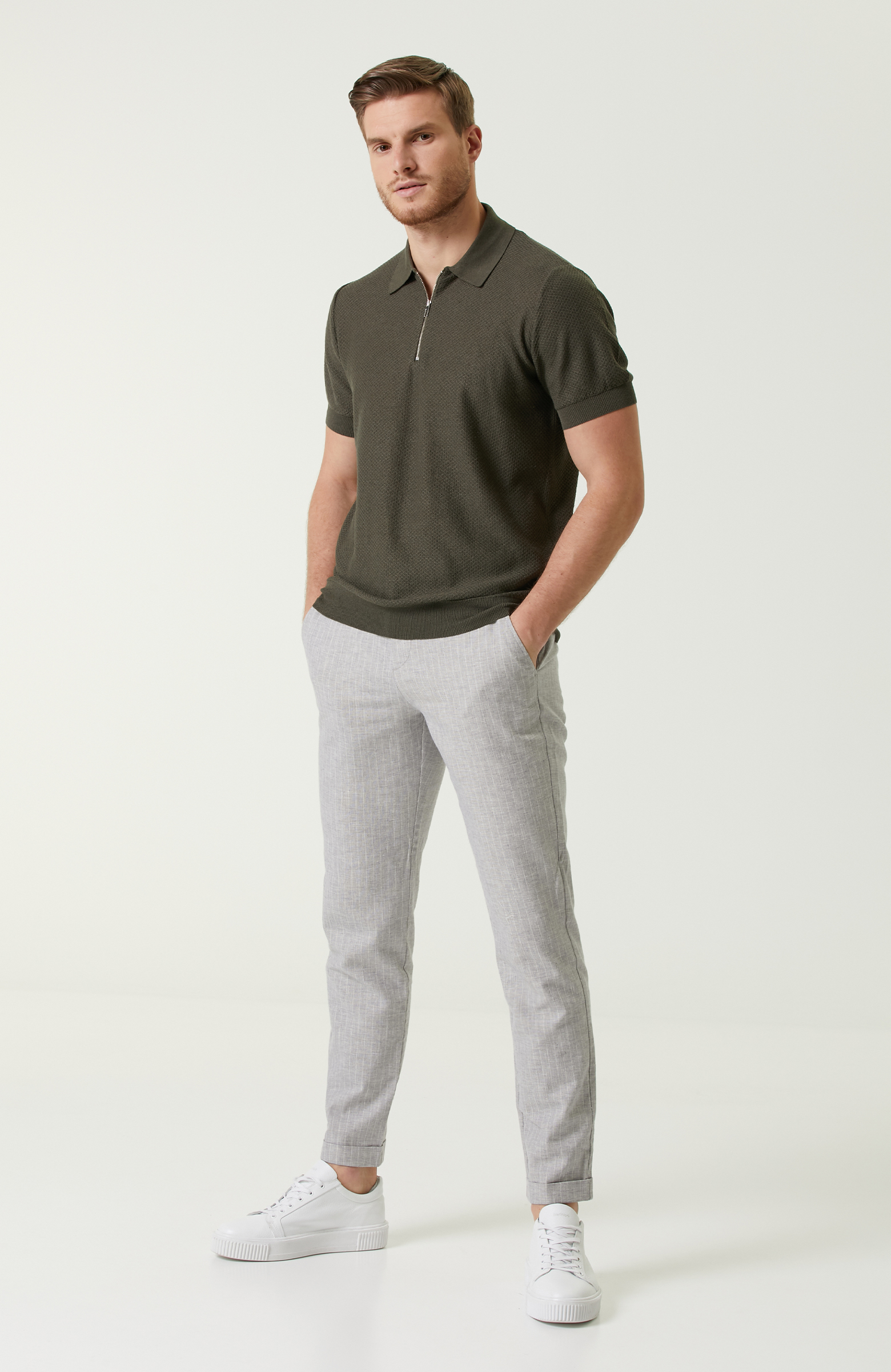 Slim Fit Drop 6 Gri Beli Kordonlu Çizgili Pantolon Slim Fit Drop 6 Gri Beli Kordonlu Çizgili Pantolon