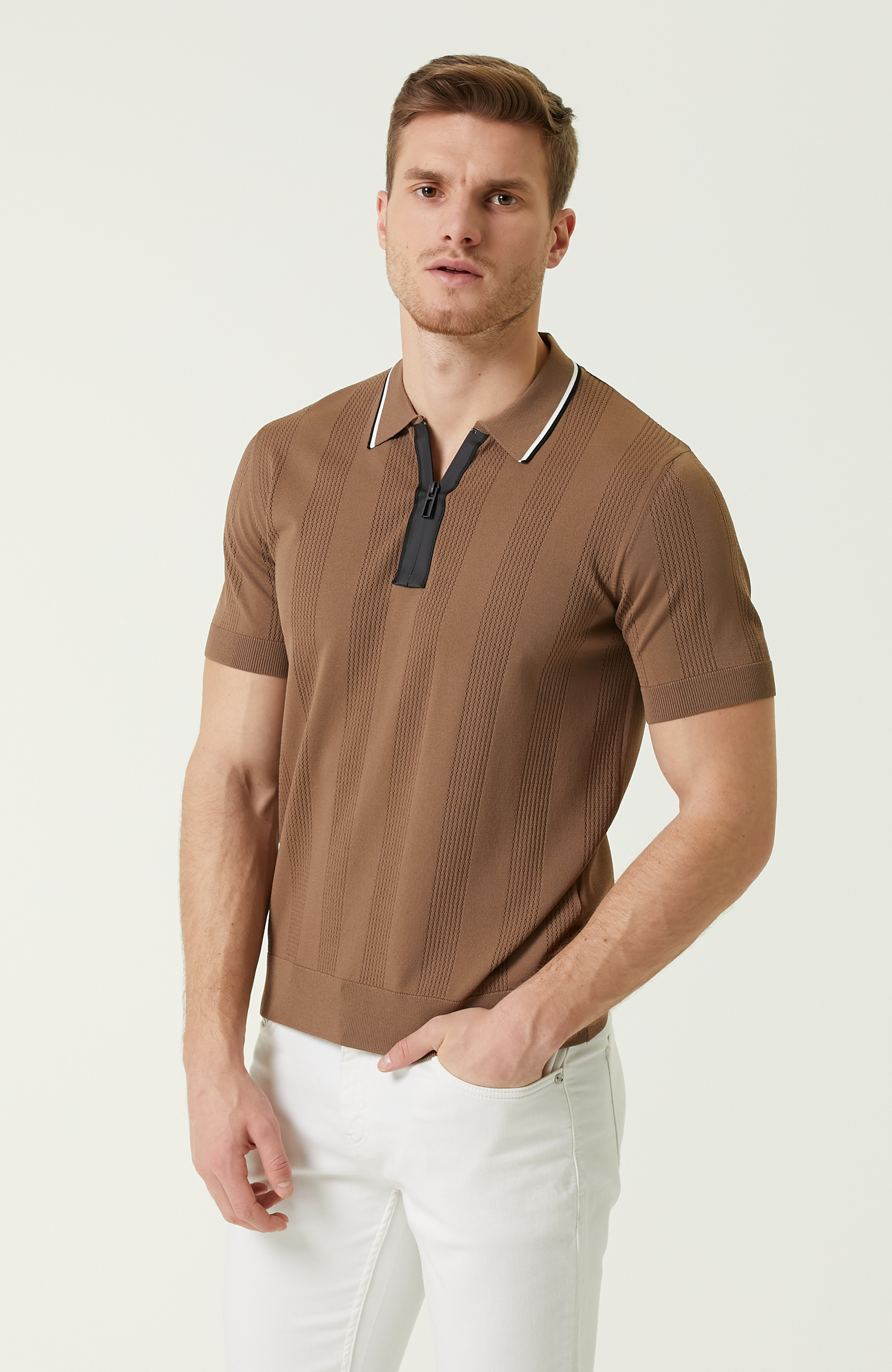 Taba Çizgi Dokulu Polo Yaka Triko Taba Çizgi Dokulu Polo Yaka Triko