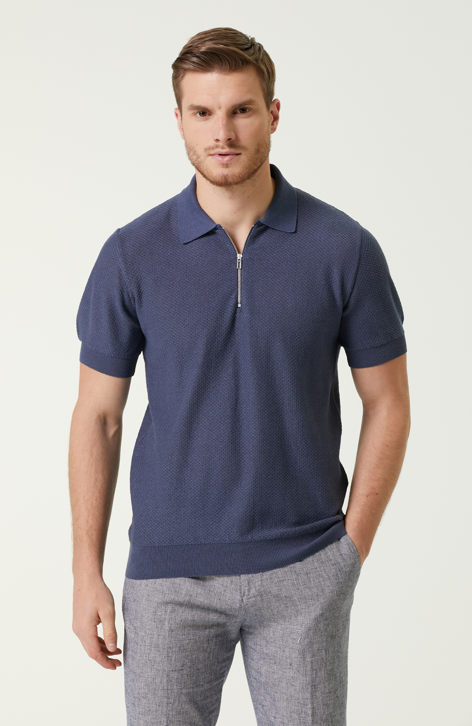 Mavi Polo Yaka Kısa Kol Kazak