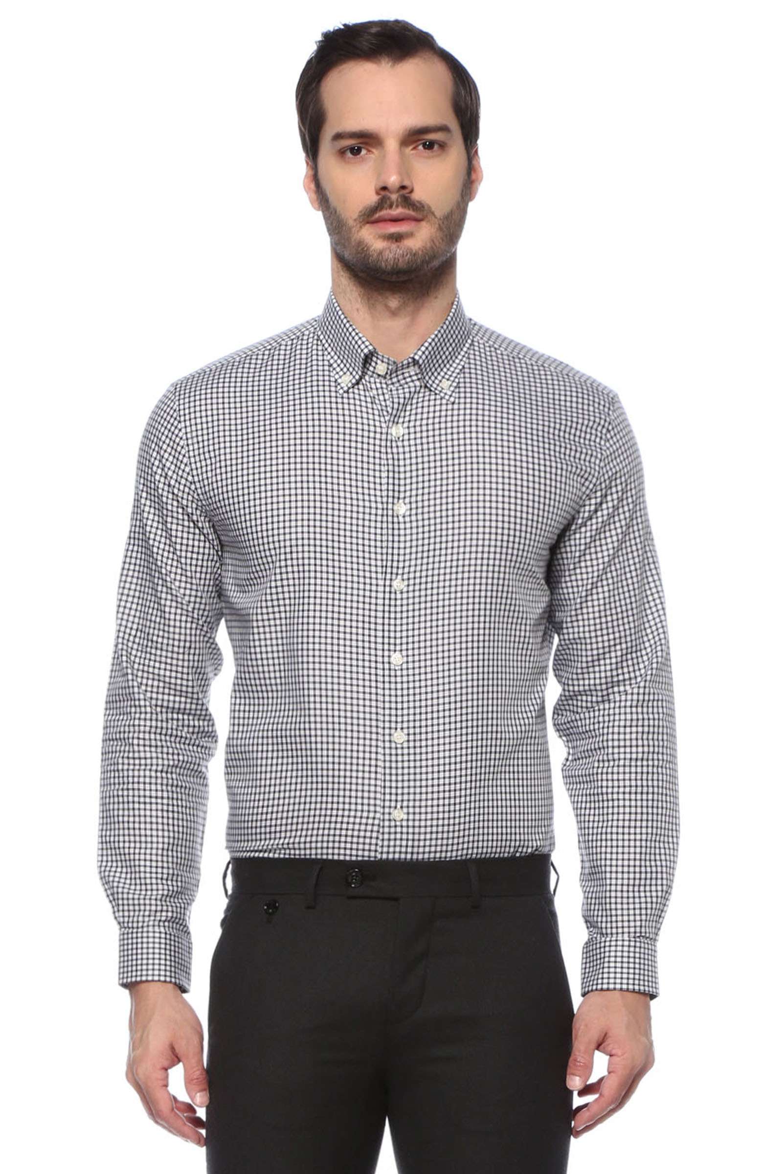 Siyah Beyaz Düğmeli Yaka Ekoseli Gömlek Siyah Beyaz Düğmeli Yaka Ekoseli Gömlek