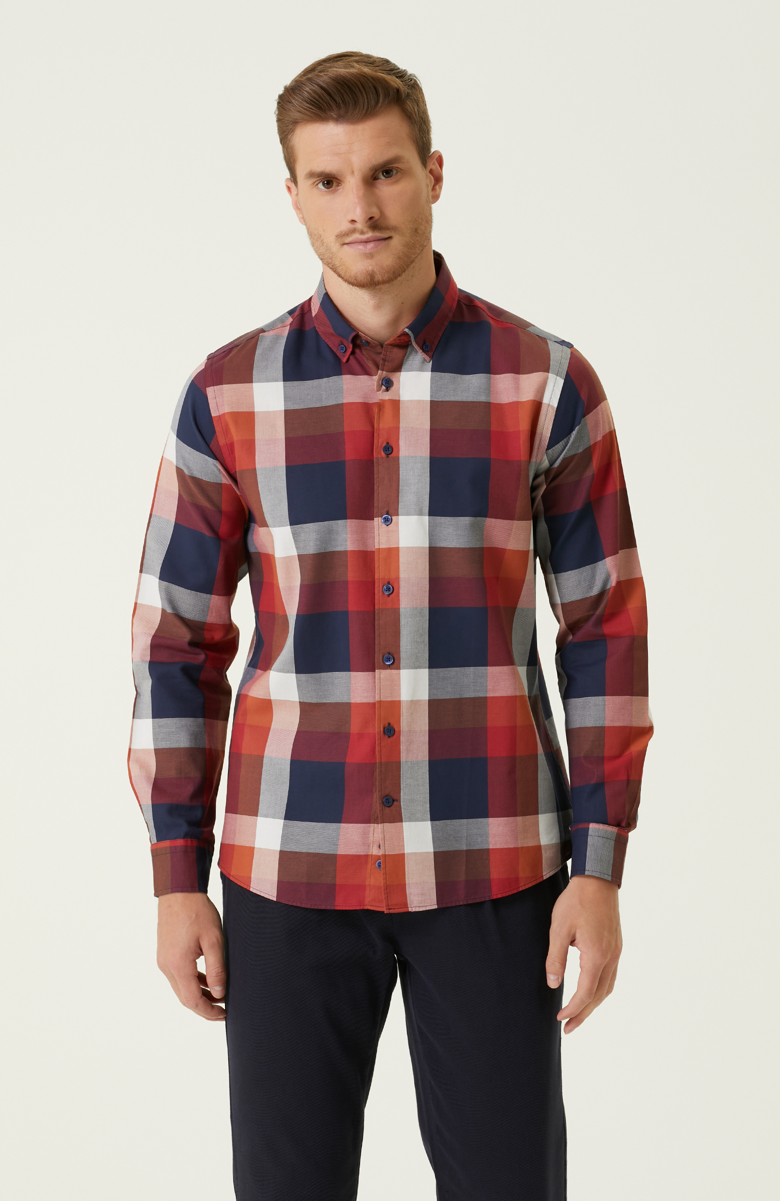 Regular Fit Kırmızı Lacivert Kareli Gömlek