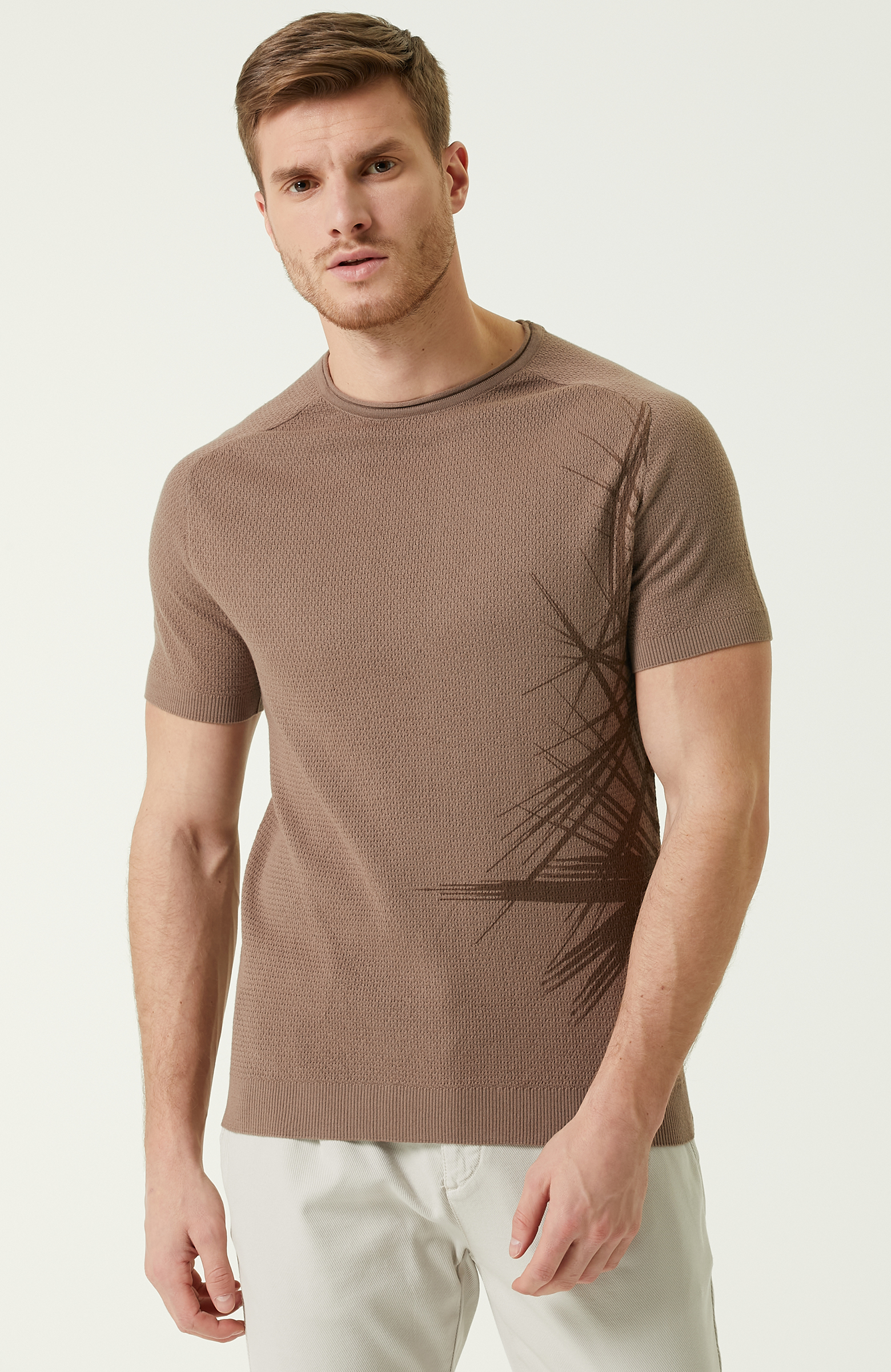 Vizon Yaprak Jakarlı Kısa Kollu Kazak Vizon Yaprak Jakarlı Kısa Kollu Kazak