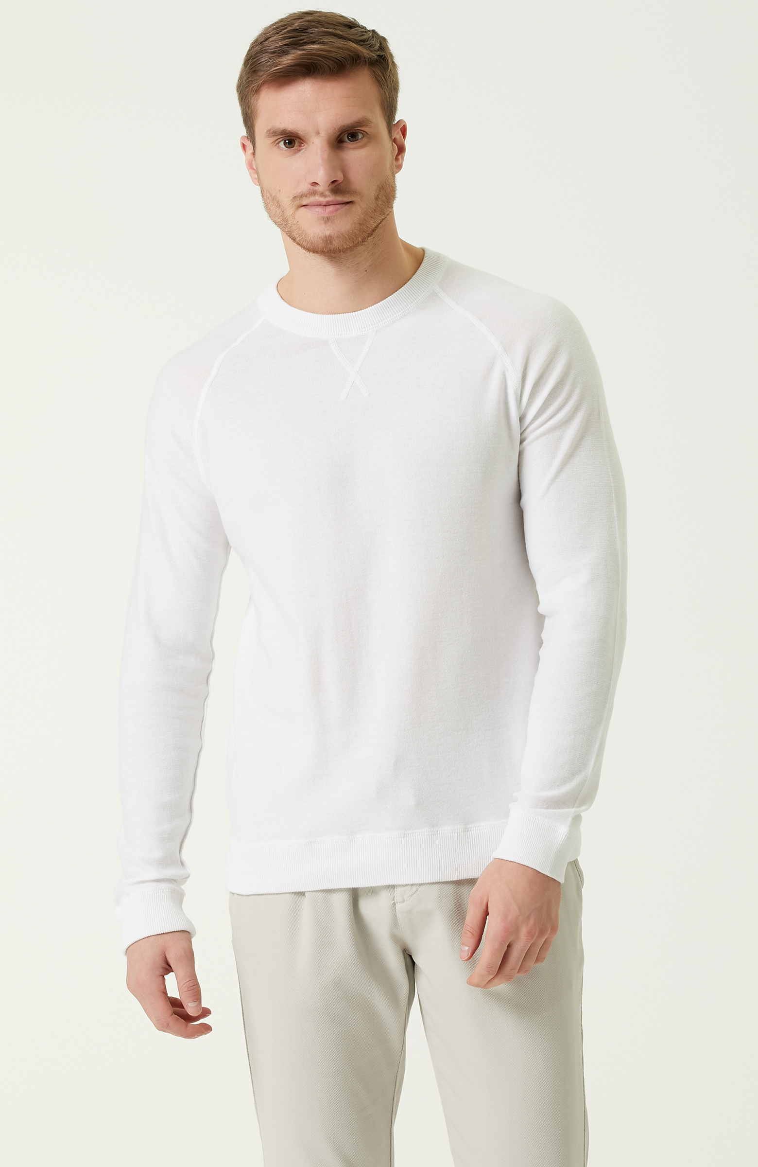 Slim Fit Beyaz Reglan Kollu Kazak