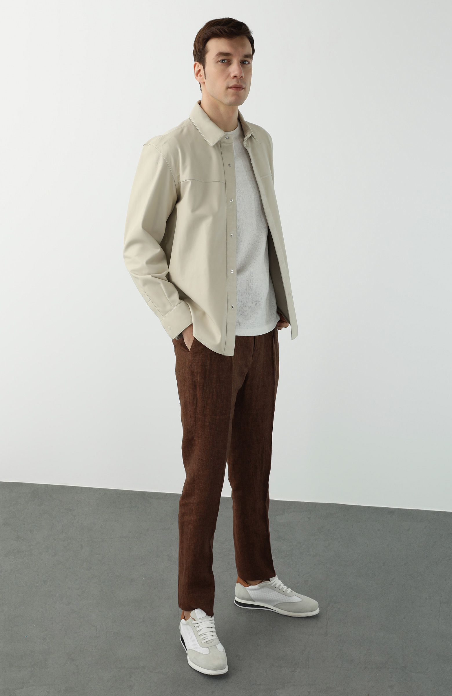 Ekru Polo Yaka Süet Gömlek