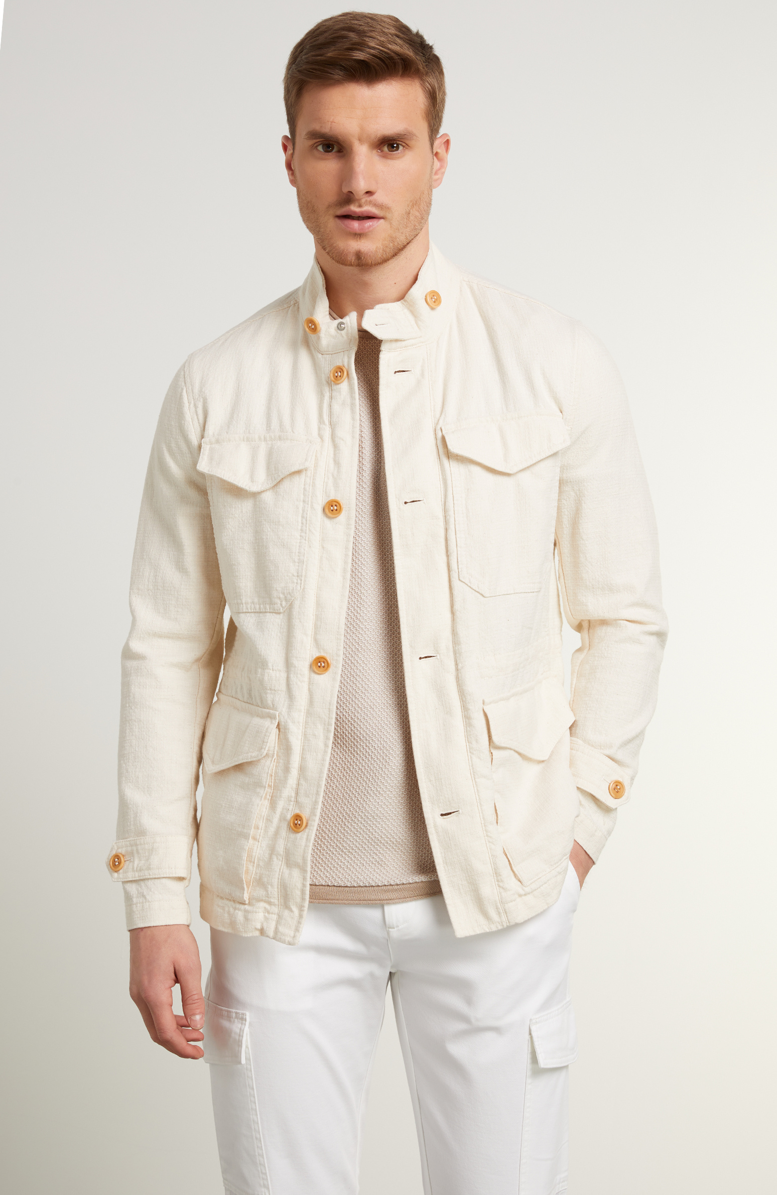 Slim Fit Ekru Dik Yaka Beli Büzgülü Ceket