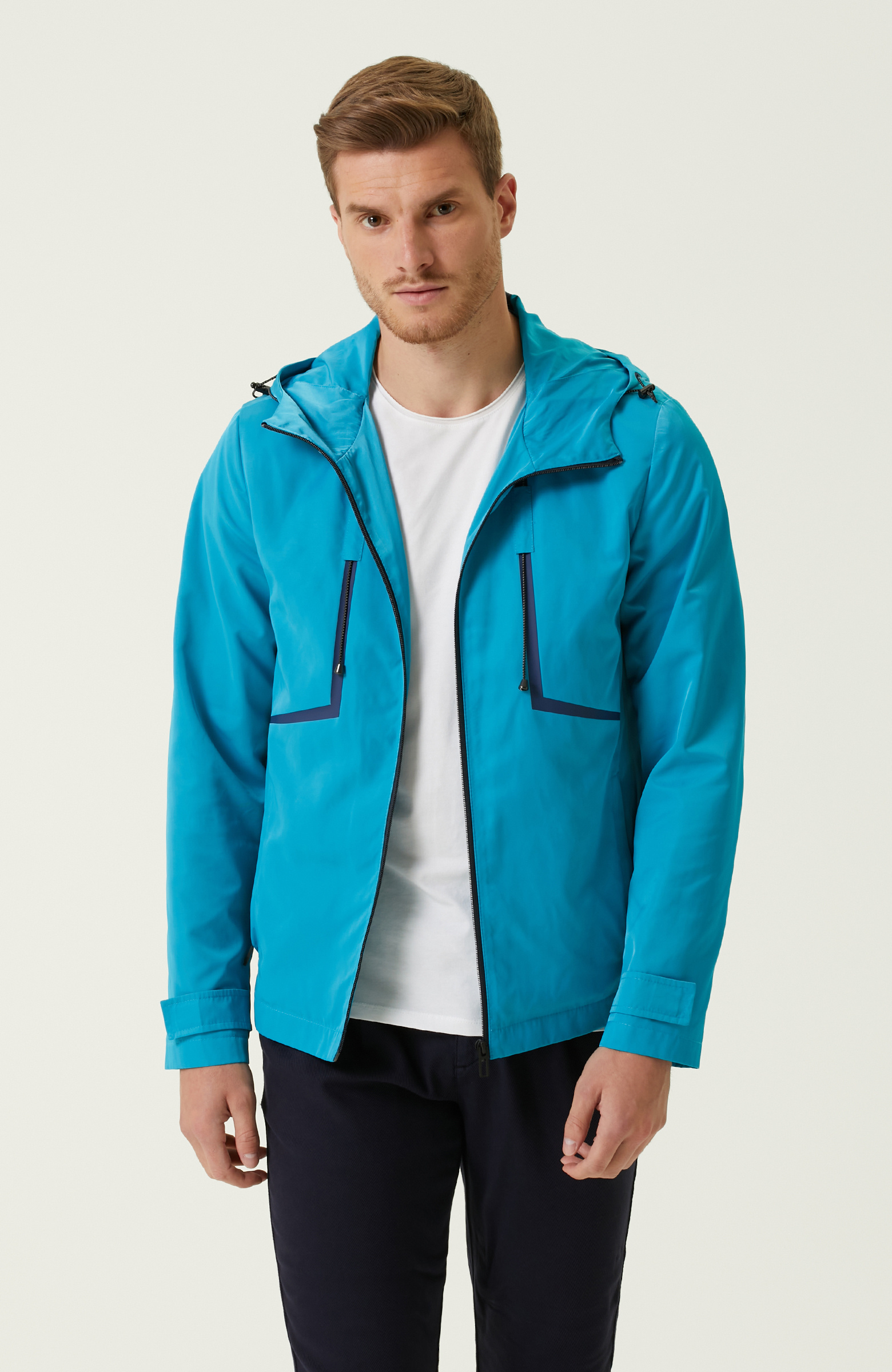 Slim Fit Turkuaz Kapüşonlu Mont