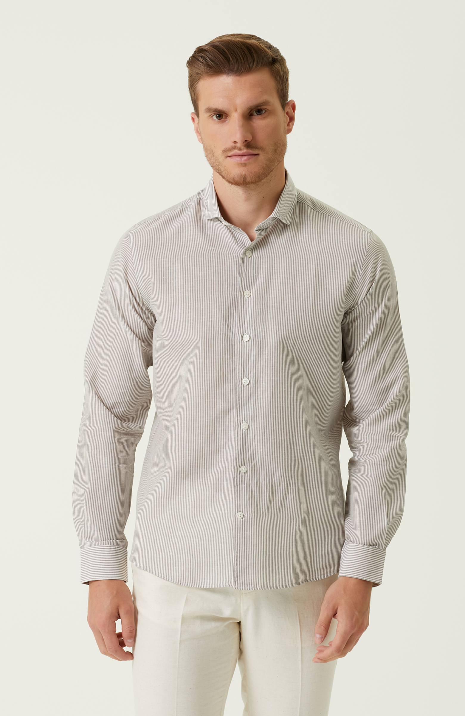 Regular Fit Bej Çizgi Desenli Gömlek