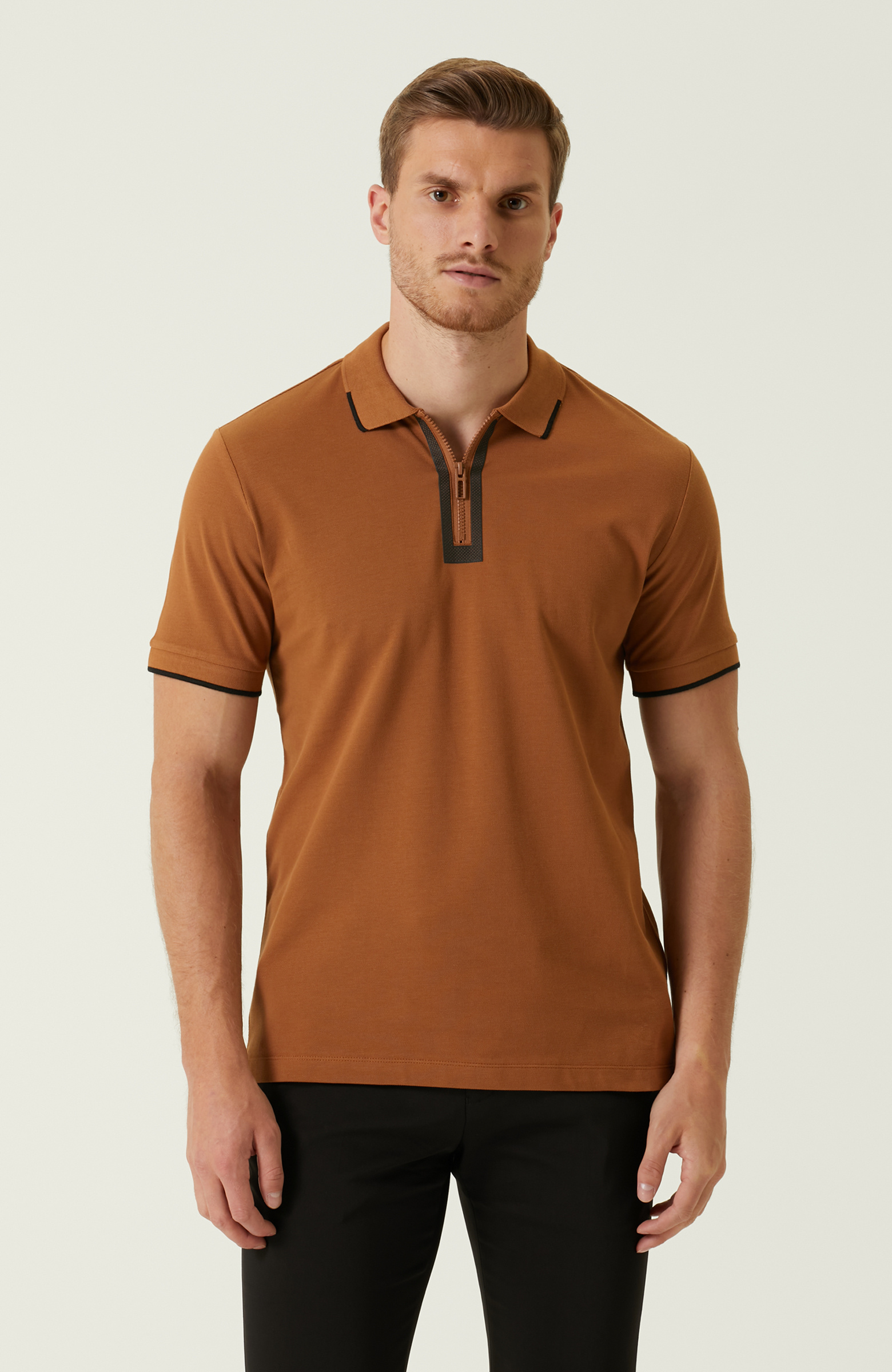 Comfort Fit Kahverengi Polo Yaka T-shirt