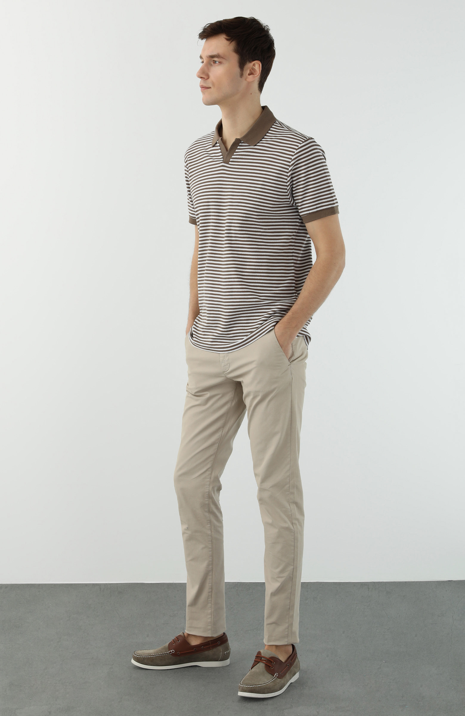 Slim Fit Vizon Polo Yaka Çizgi Desenli T-shirt