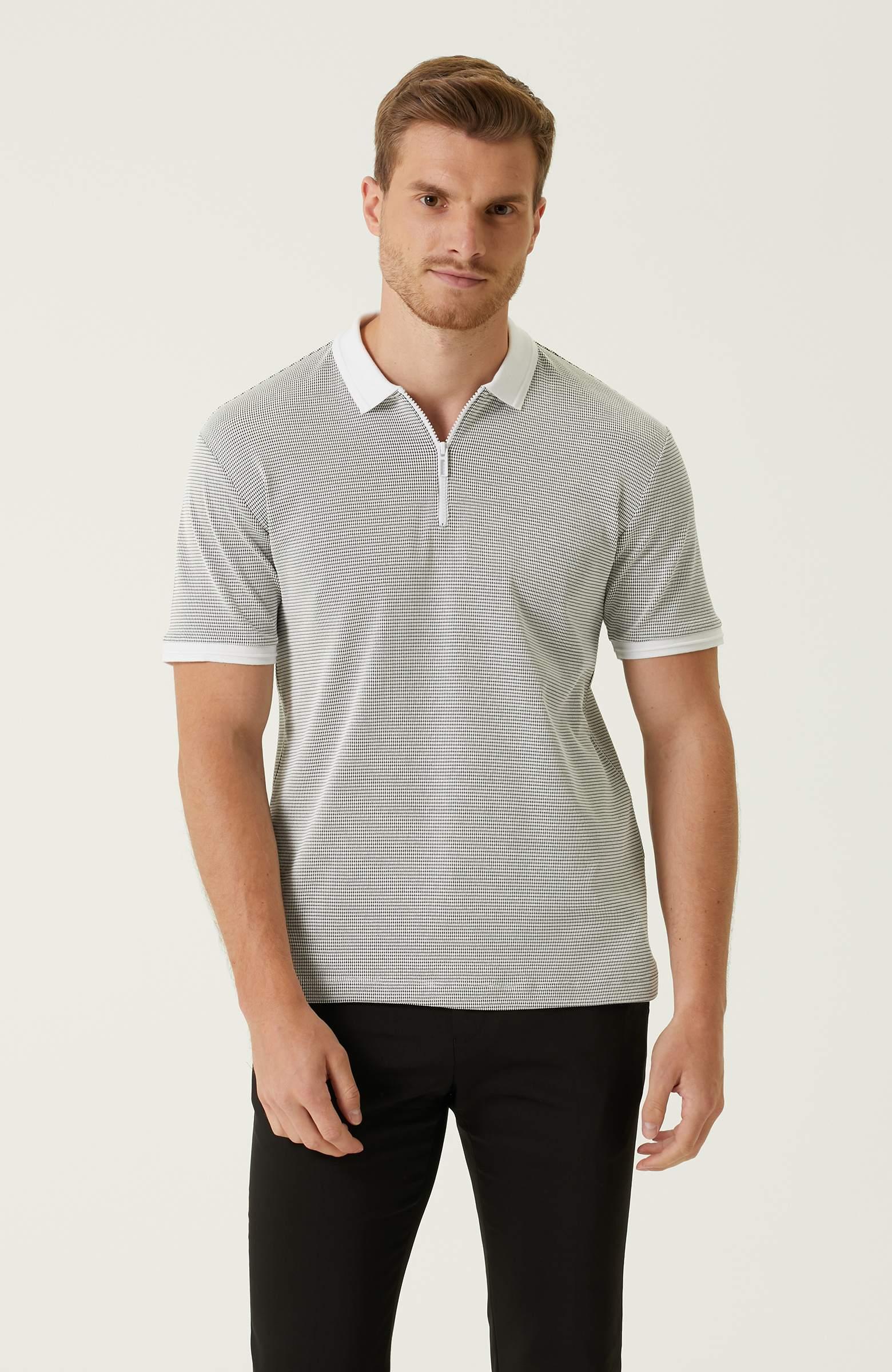 Slim Fit Beyaz Gri Polo Yaka T-shirt