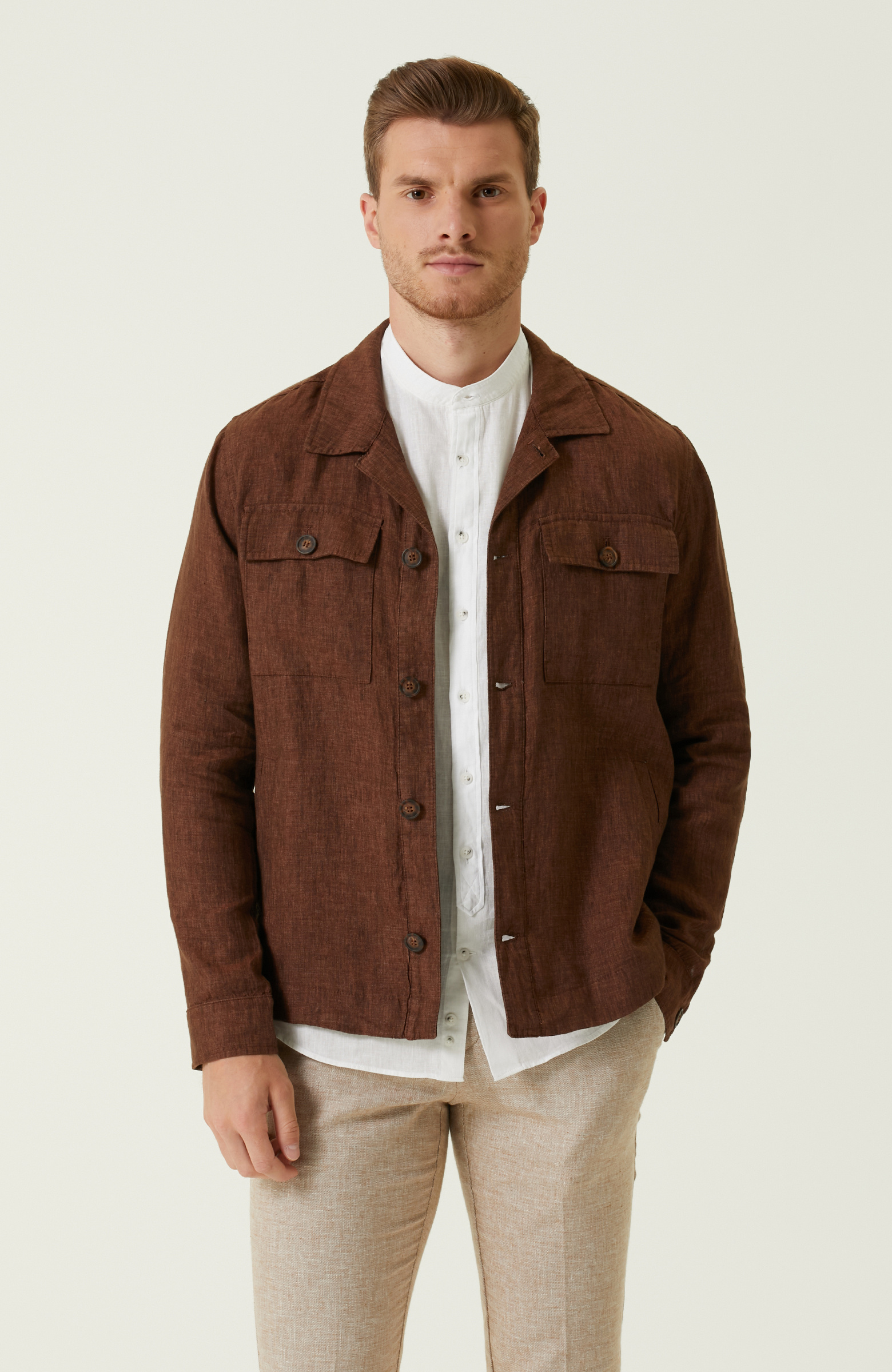 Slim Fit Tütün Keten Gömlek