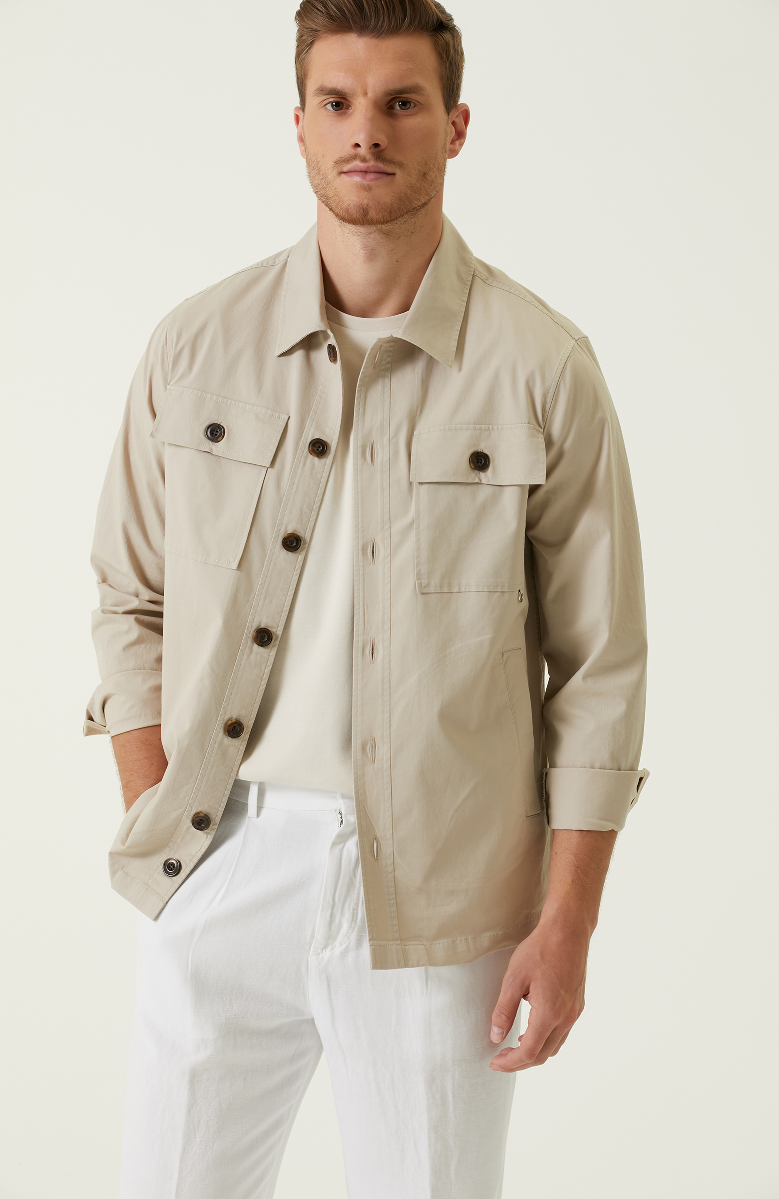 Slim Fit Bej Polo Yaka Gömlek