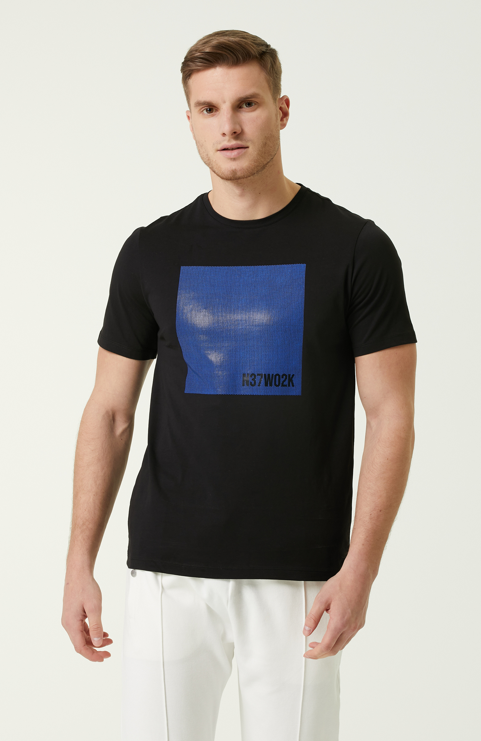 Slim Fit Siyah Mavi Baskılı T-shirt