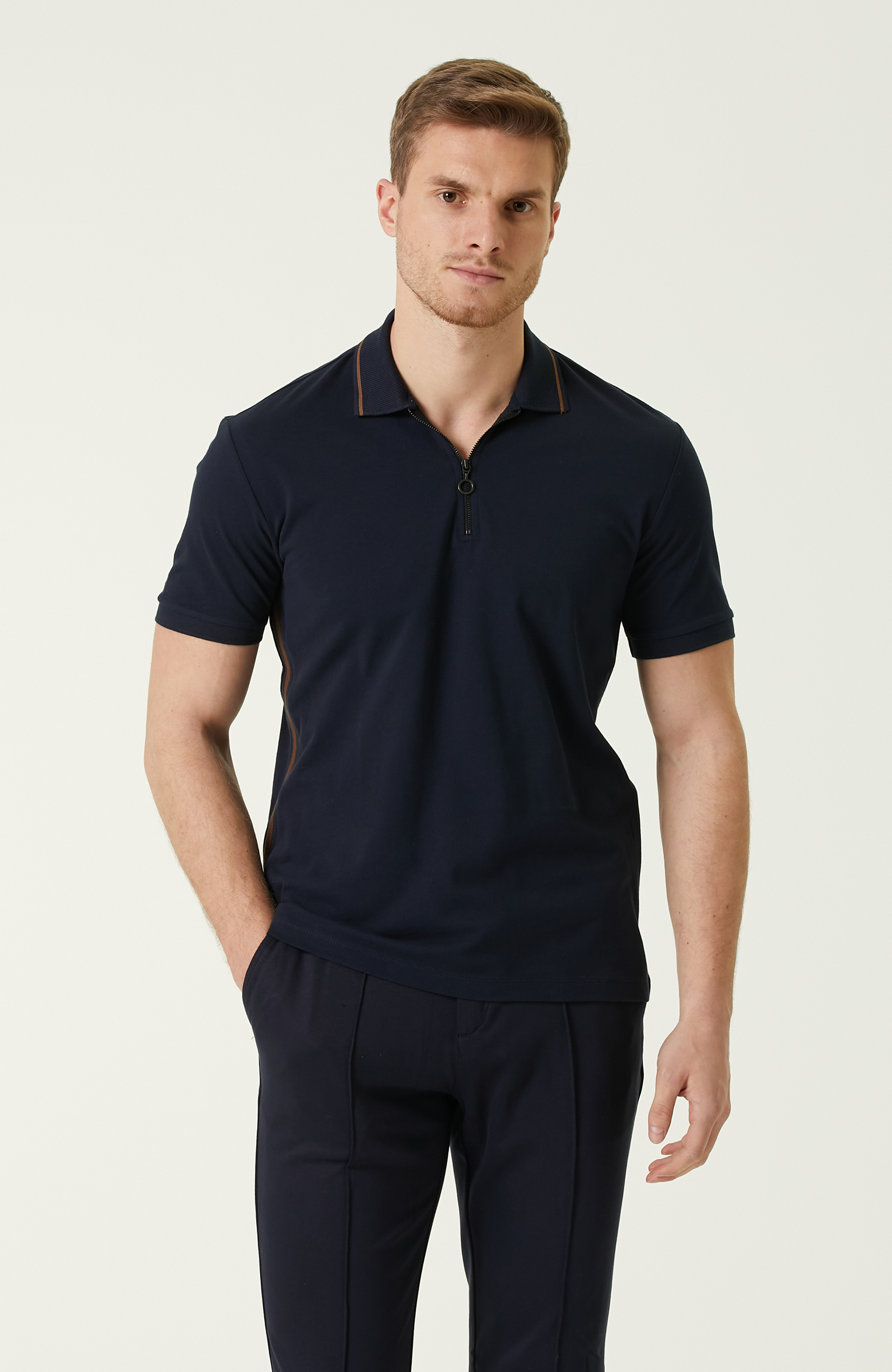 Slim Fit Lacivert Polo Yaka Şeritli T-shirt Slim Fit Lacivert Polo Yaka Şeritli T-shirt