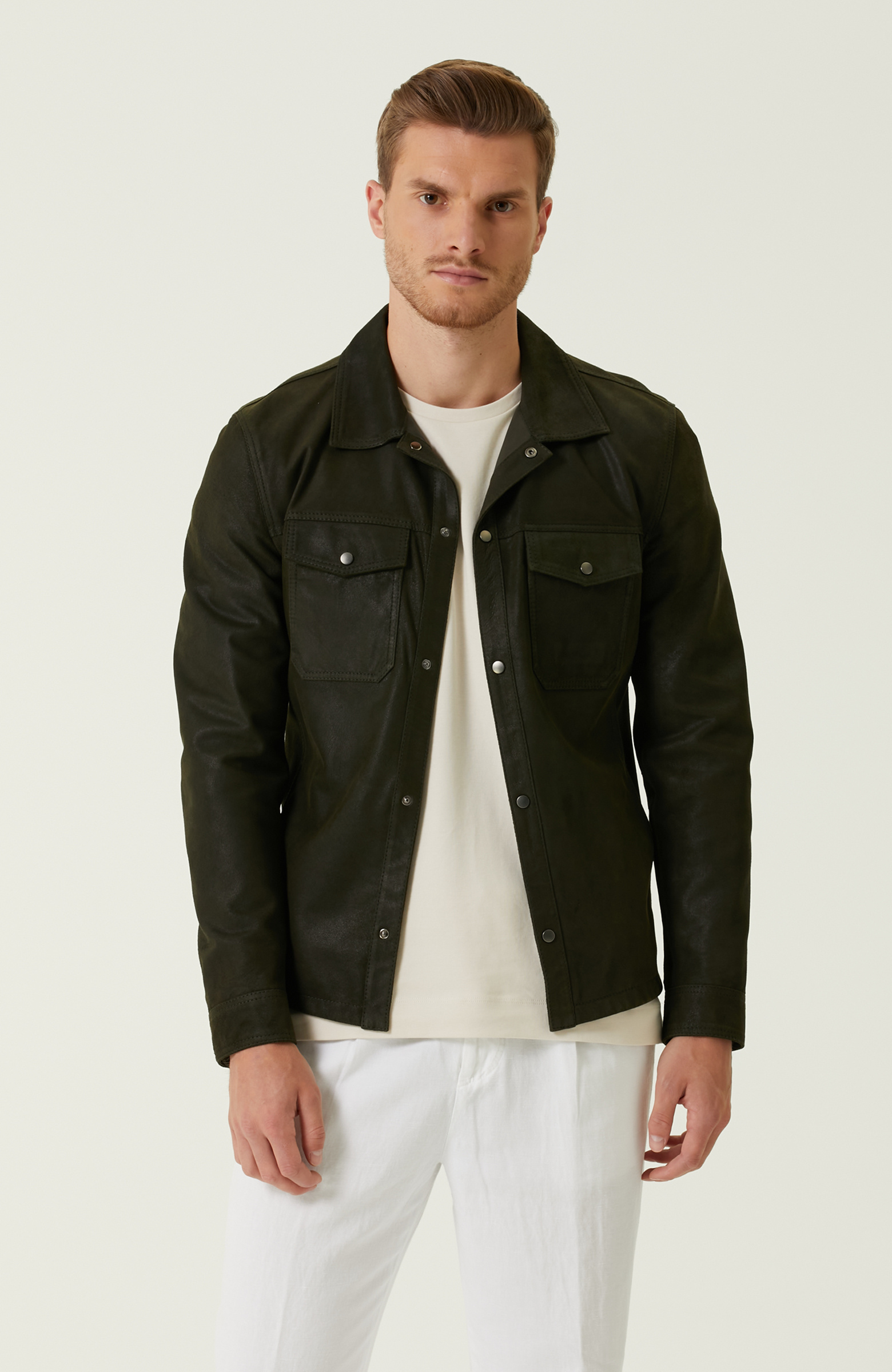 Haki Polo Yaka Deri Gömlek