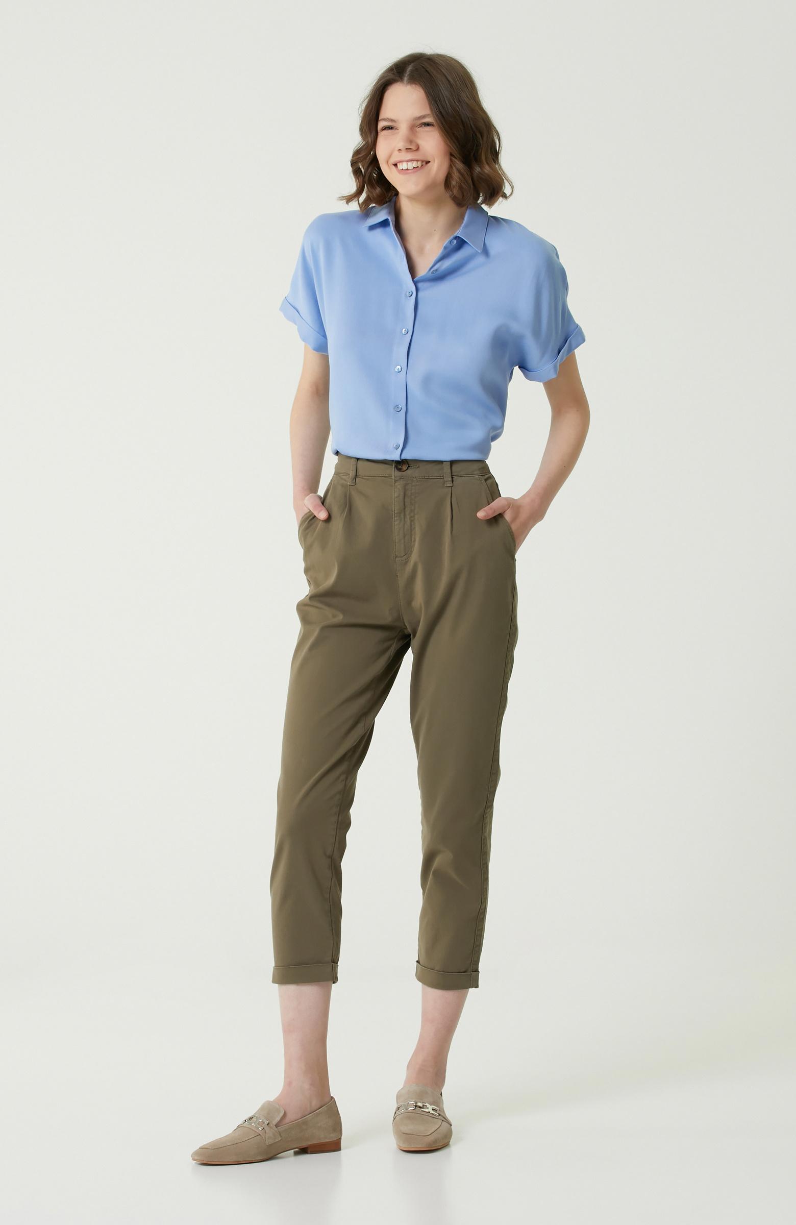 Slim Fit Haki Dar Paça Pilili Pantolon