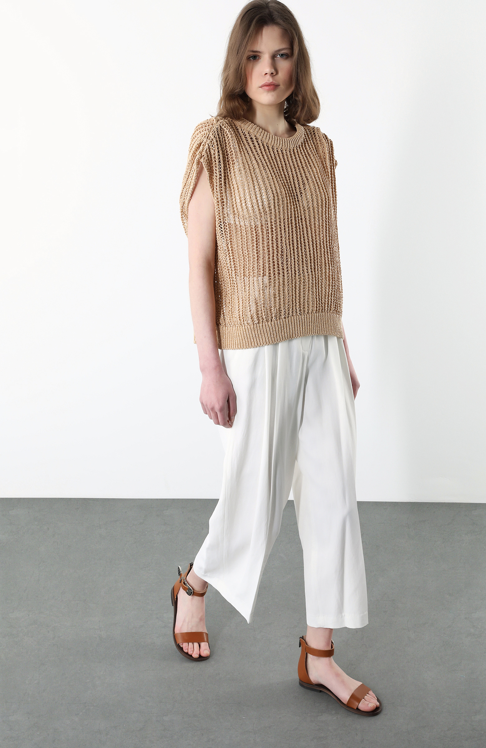 Bej Bisiklet Yaka Büzgülü Kısa Kol Kazak