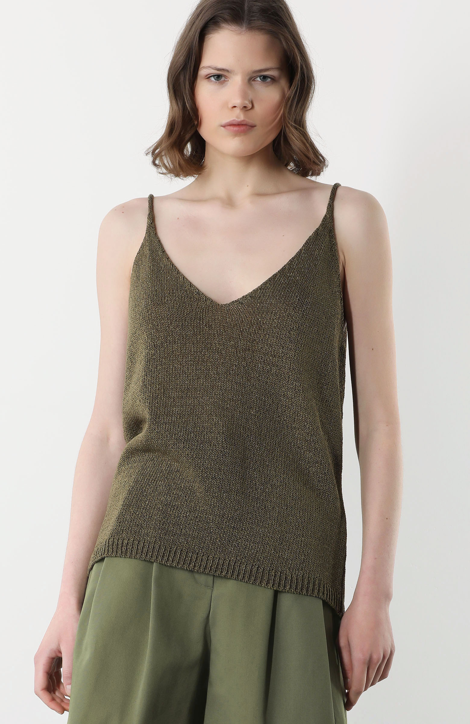 Slim Fit Haki Dokulu Askılı Kazak