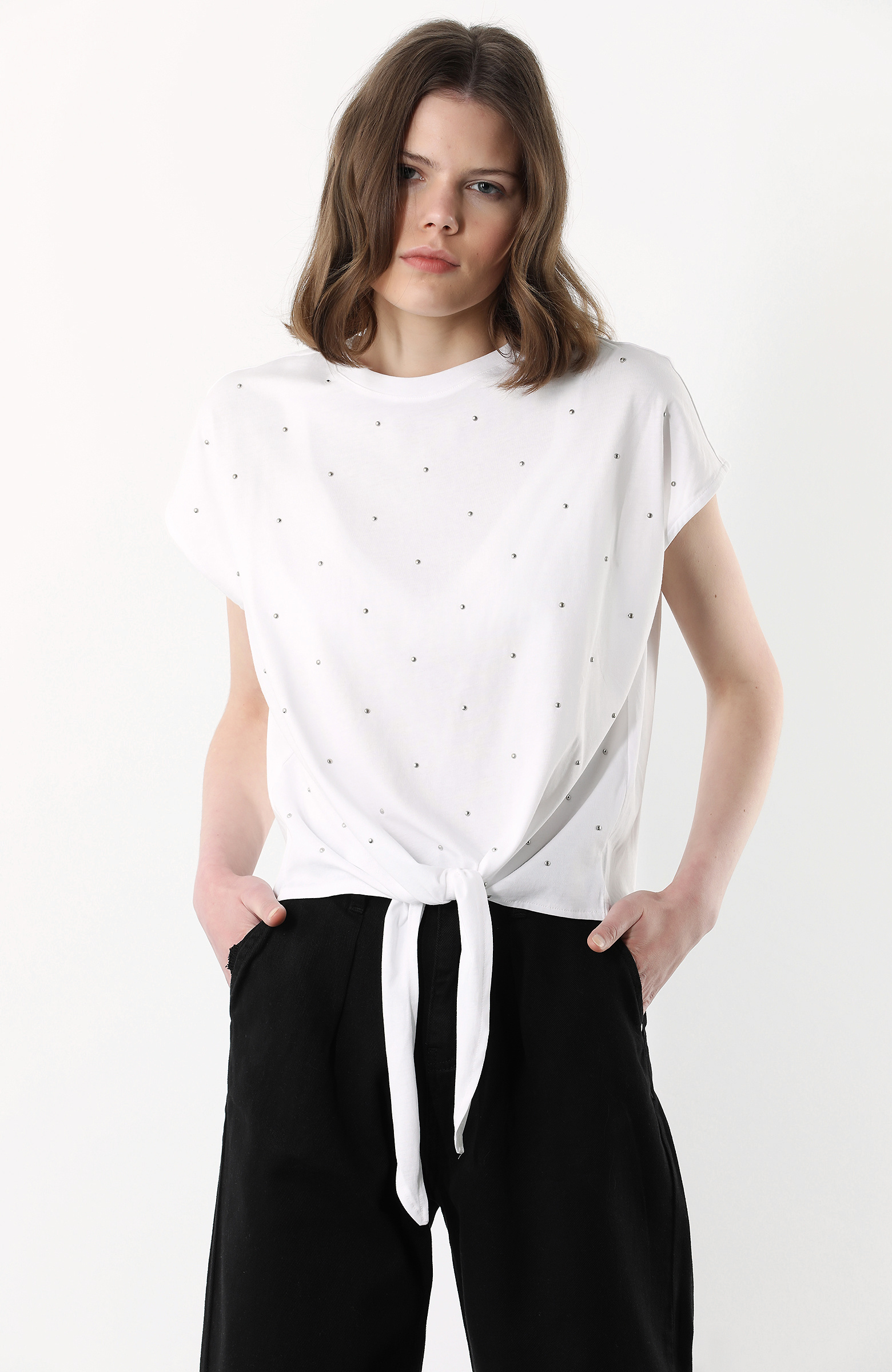 Beyaz Silver Taş İşlemeli T-shirt