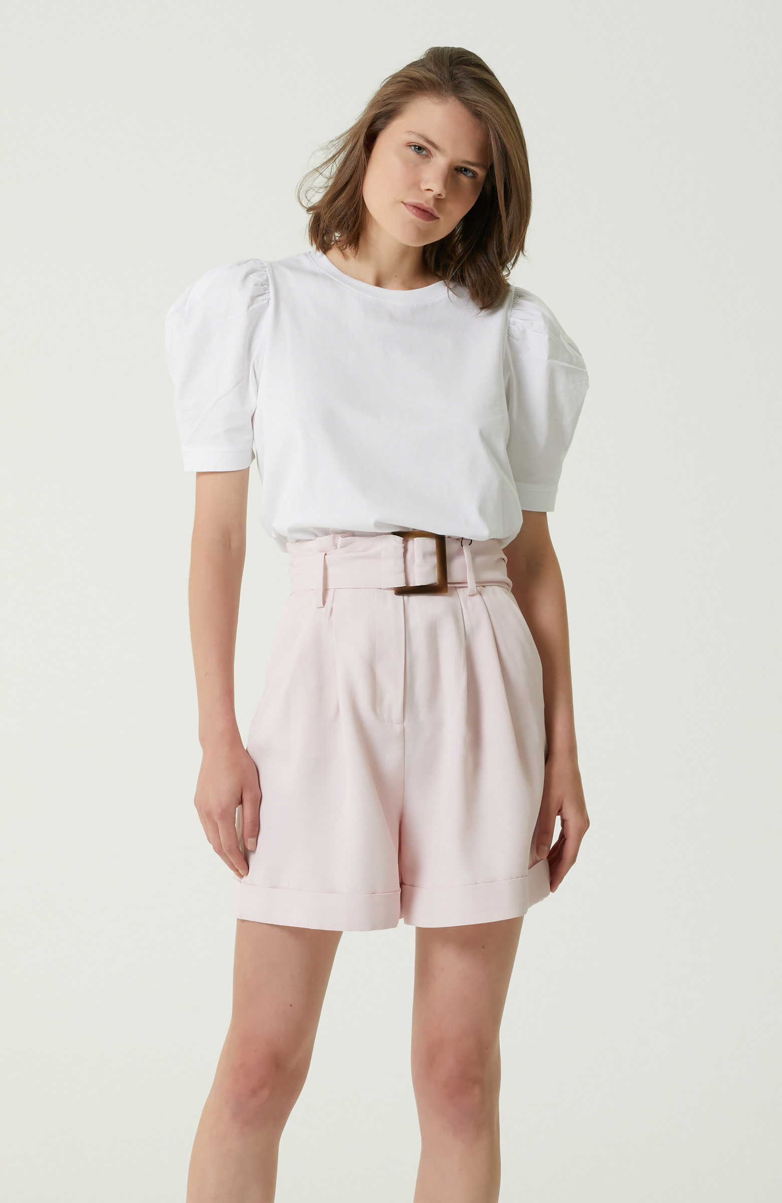 Beyaz Bisiklet Yaka T-shirt