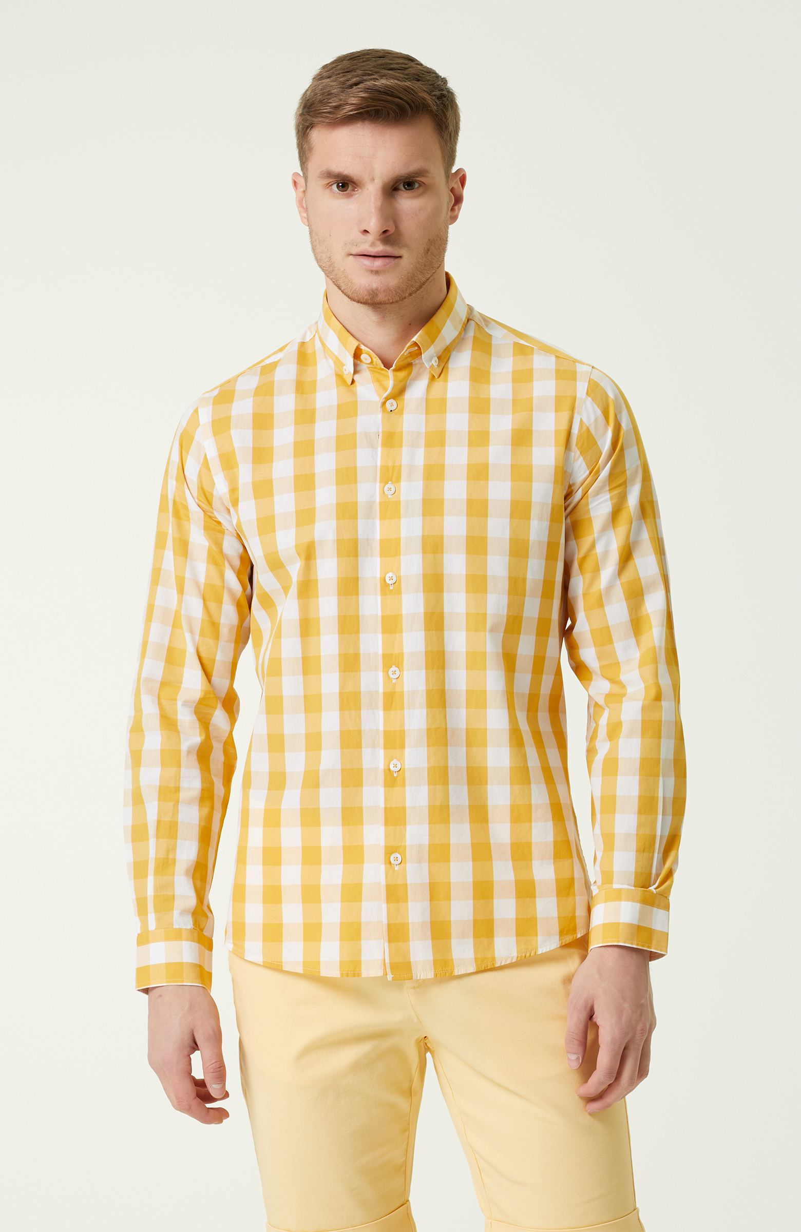 Comfort Fit Sarı Kareli Gömlek