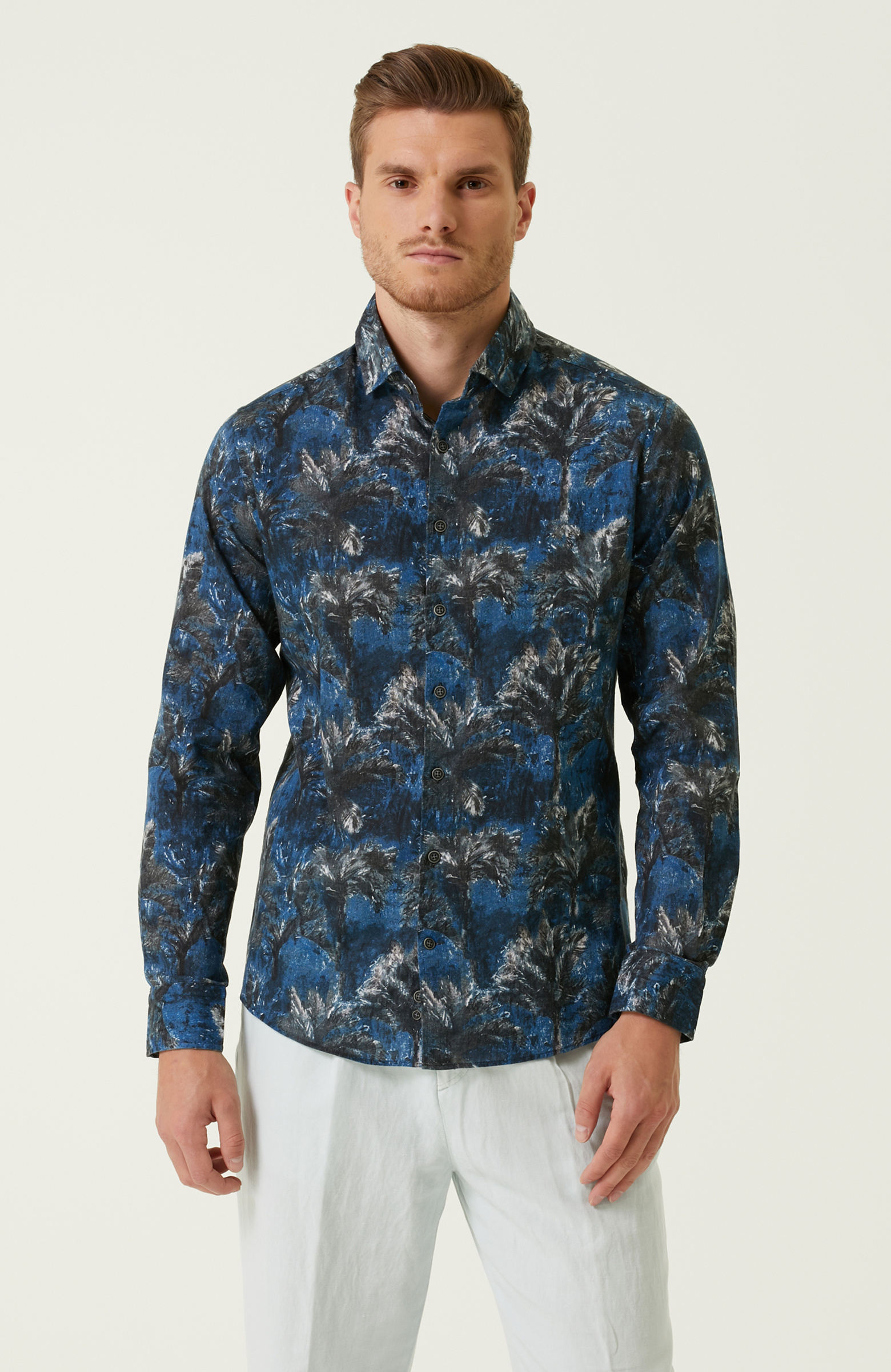 Comfort Fit Lacivert Desenli Keten Gömlek Comfort Fit Lacivert Desenli Keten Gömlek