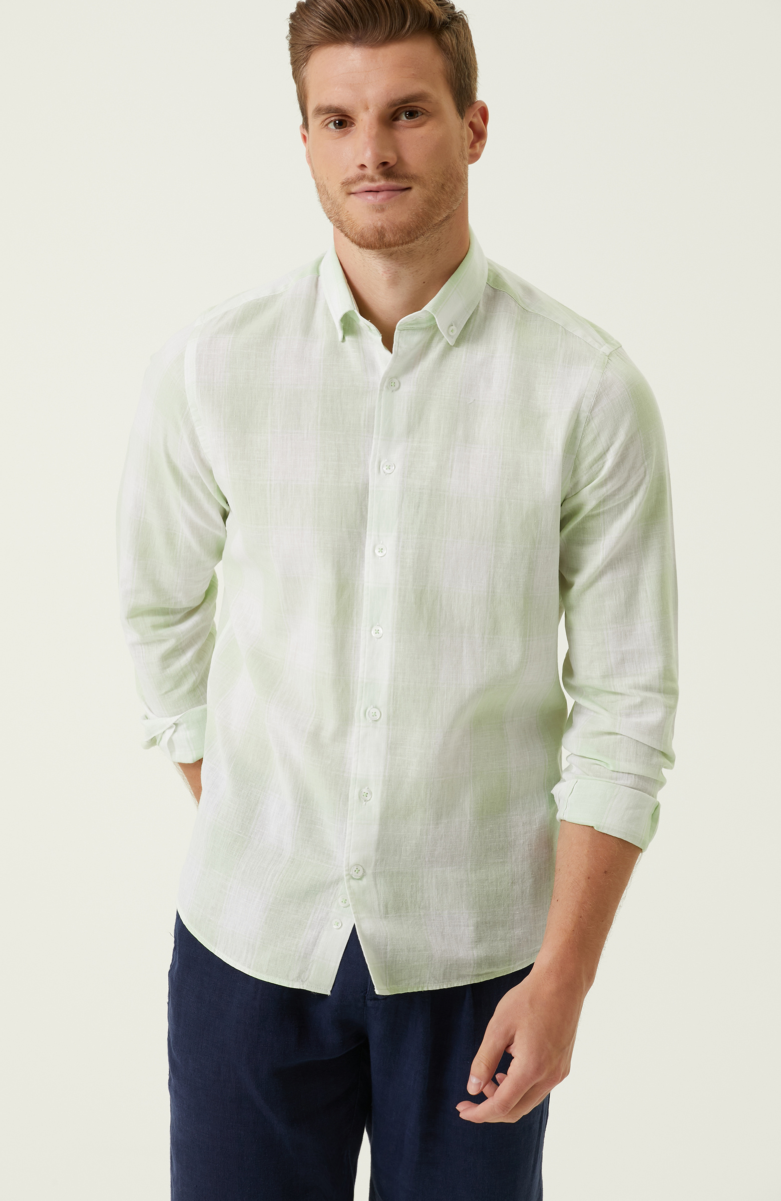 Slim Fit Yeşil Polo Yaka Gömlek