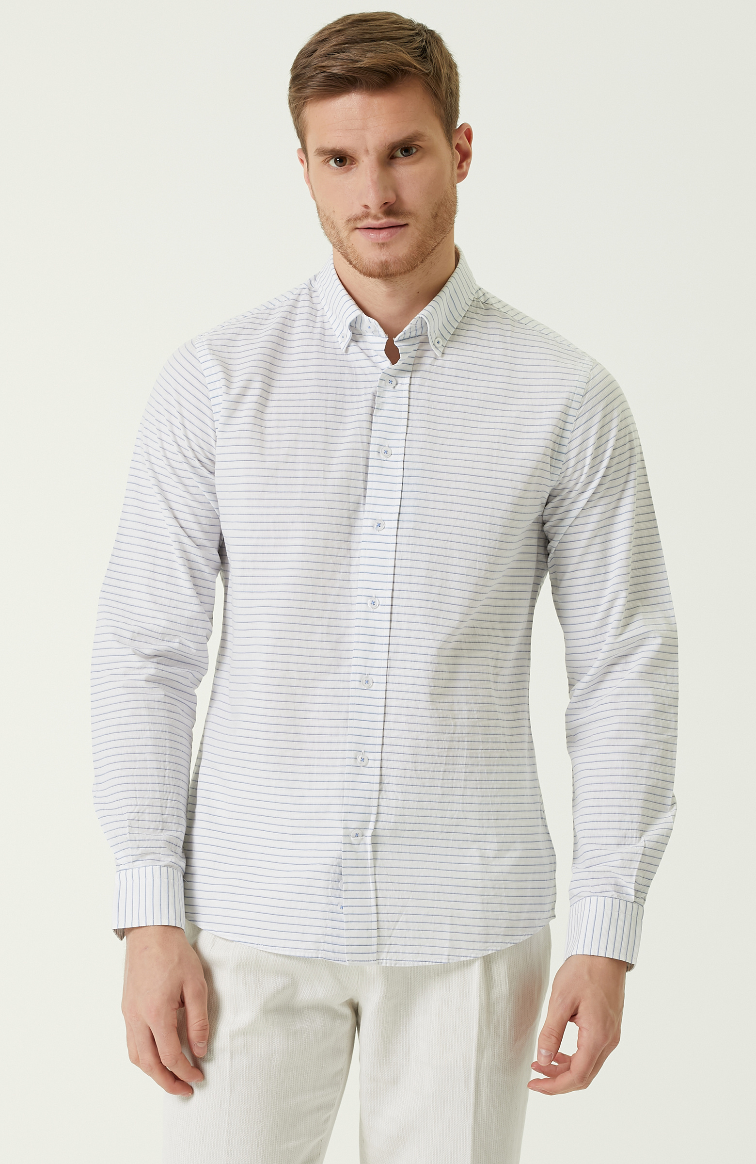 Comfort Fit Beyaz Çizgili Gömlek