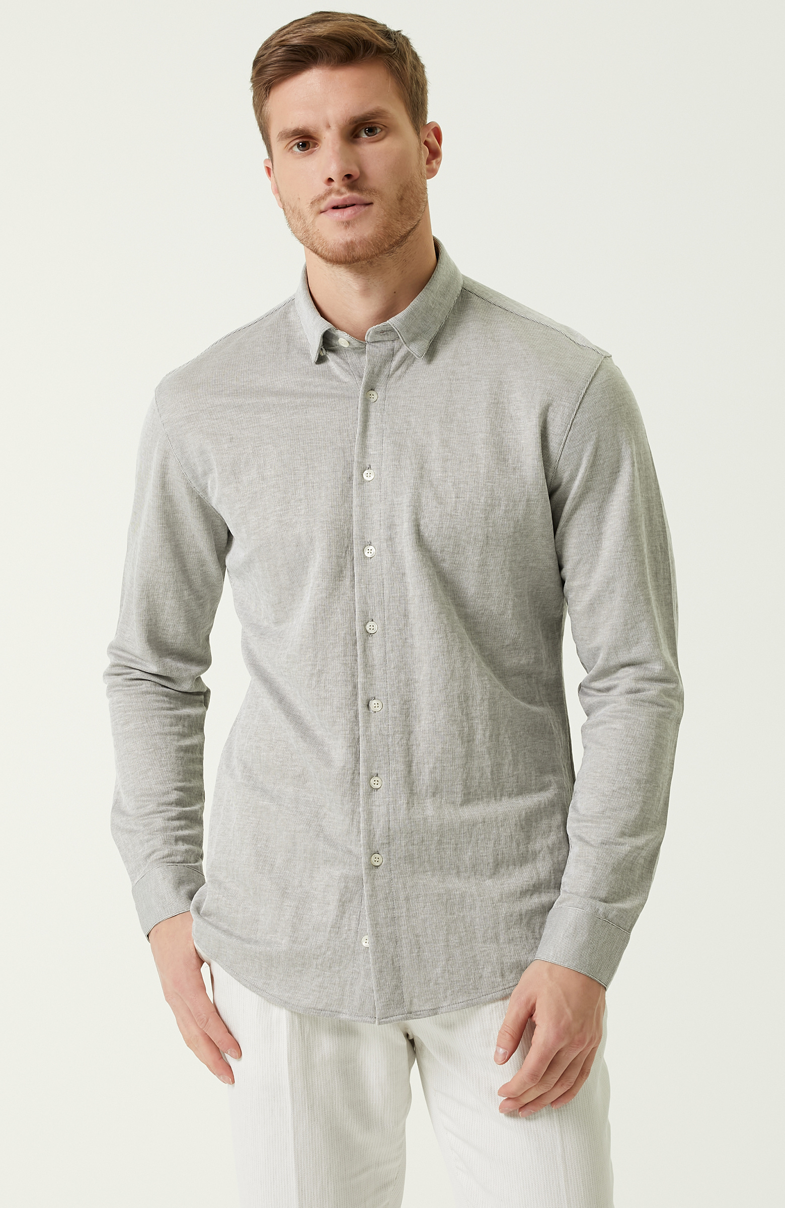 Comfort Fit Gri Çizgili Gömlek