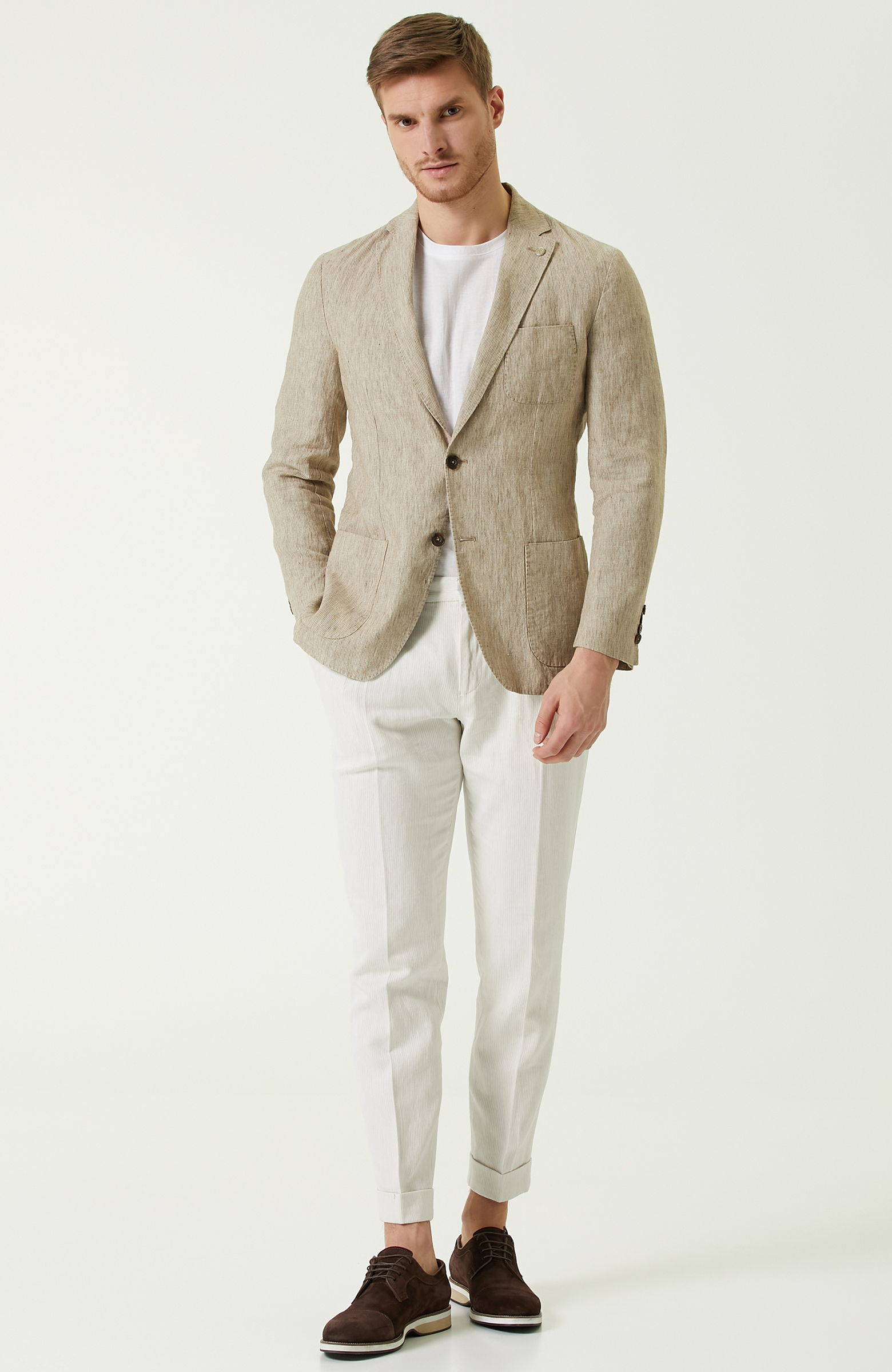 Slim Fit Drop 6 Beyaz Pilili Pantolon Slim Fit Drop 6 Beyaz Pilili Pantolon