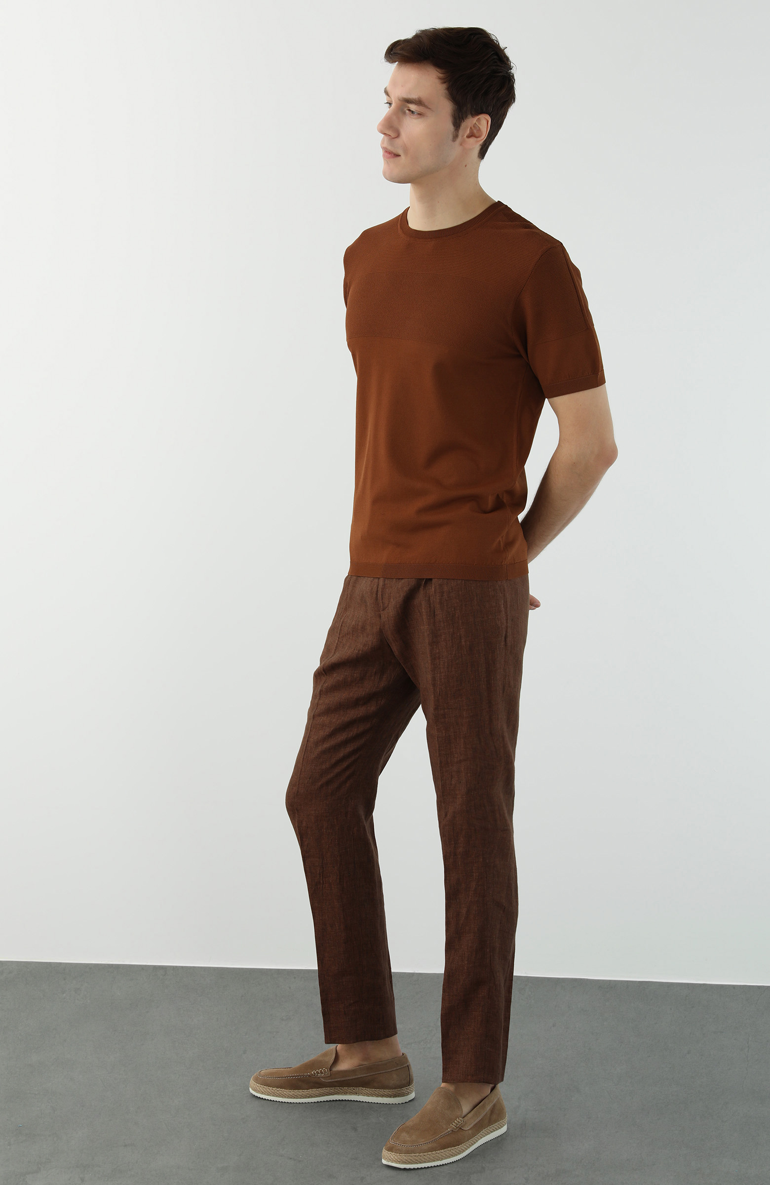 Slim Fit Drop 6 Kahverengi Kordonlu Keten Pantolon Slim Fit Drop 6 Kahverengi Kordonlu Keten Pantolon