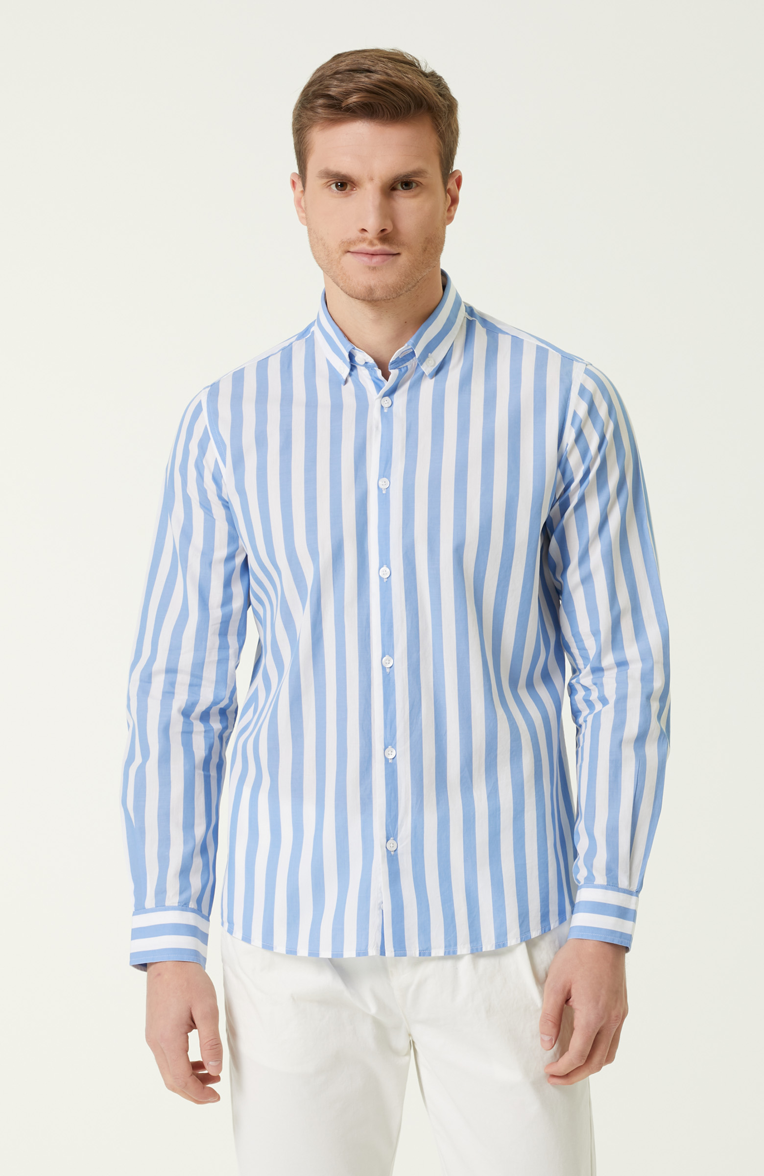 Comfort Fit Mavi Beyaz Çizgili Gömlek