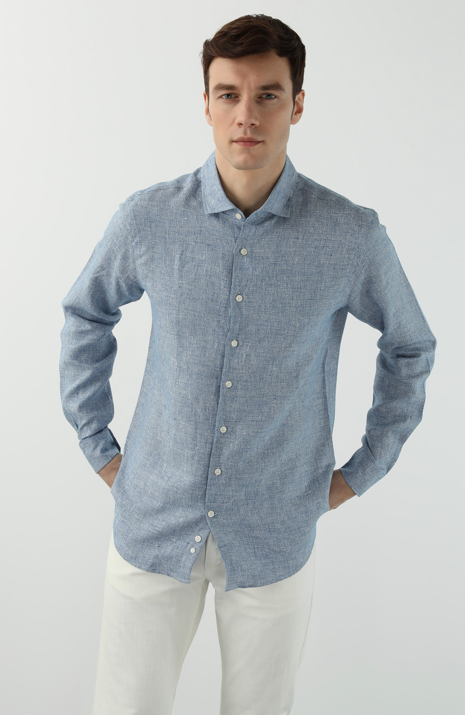 Comfort Fit Mavi Yarı İtalyan Yaka Keten Gömlek Comfort Fit Mavi Yarı İtalyan Yaka Keten Gömlek