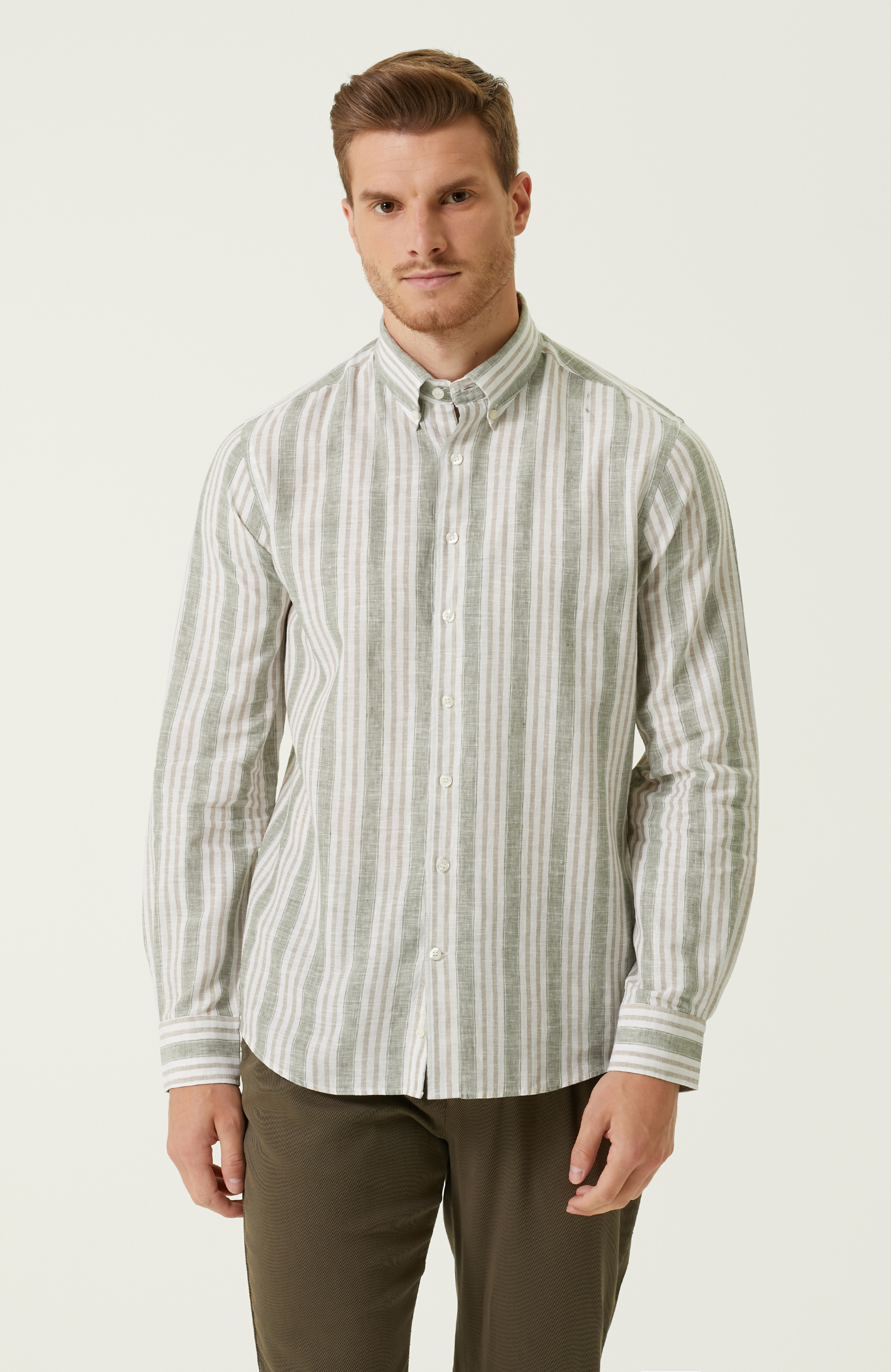 Comfort Fit Haki Çizgili Keten Gömlek Comfort Fit Haki Çizgili Keten Gömlek