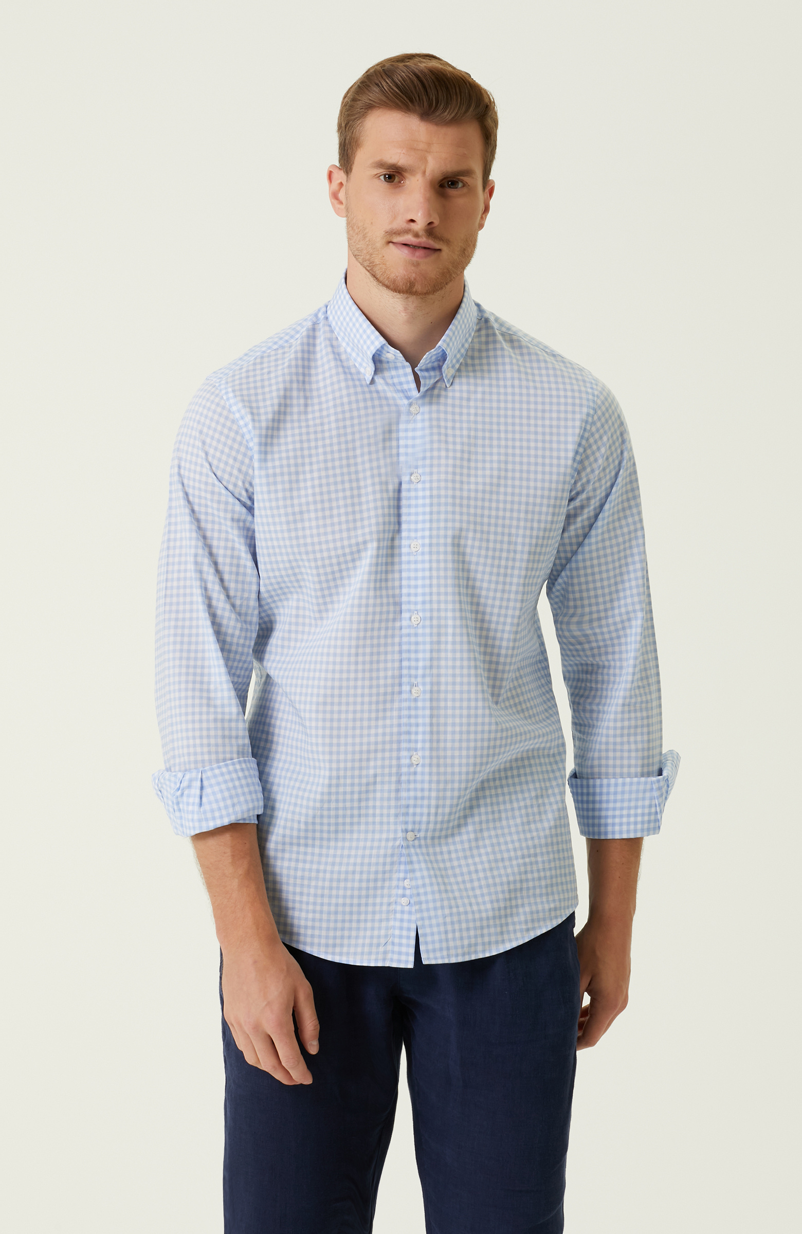 Comfort Fit Mavi Beyaz Kareli Gömlek