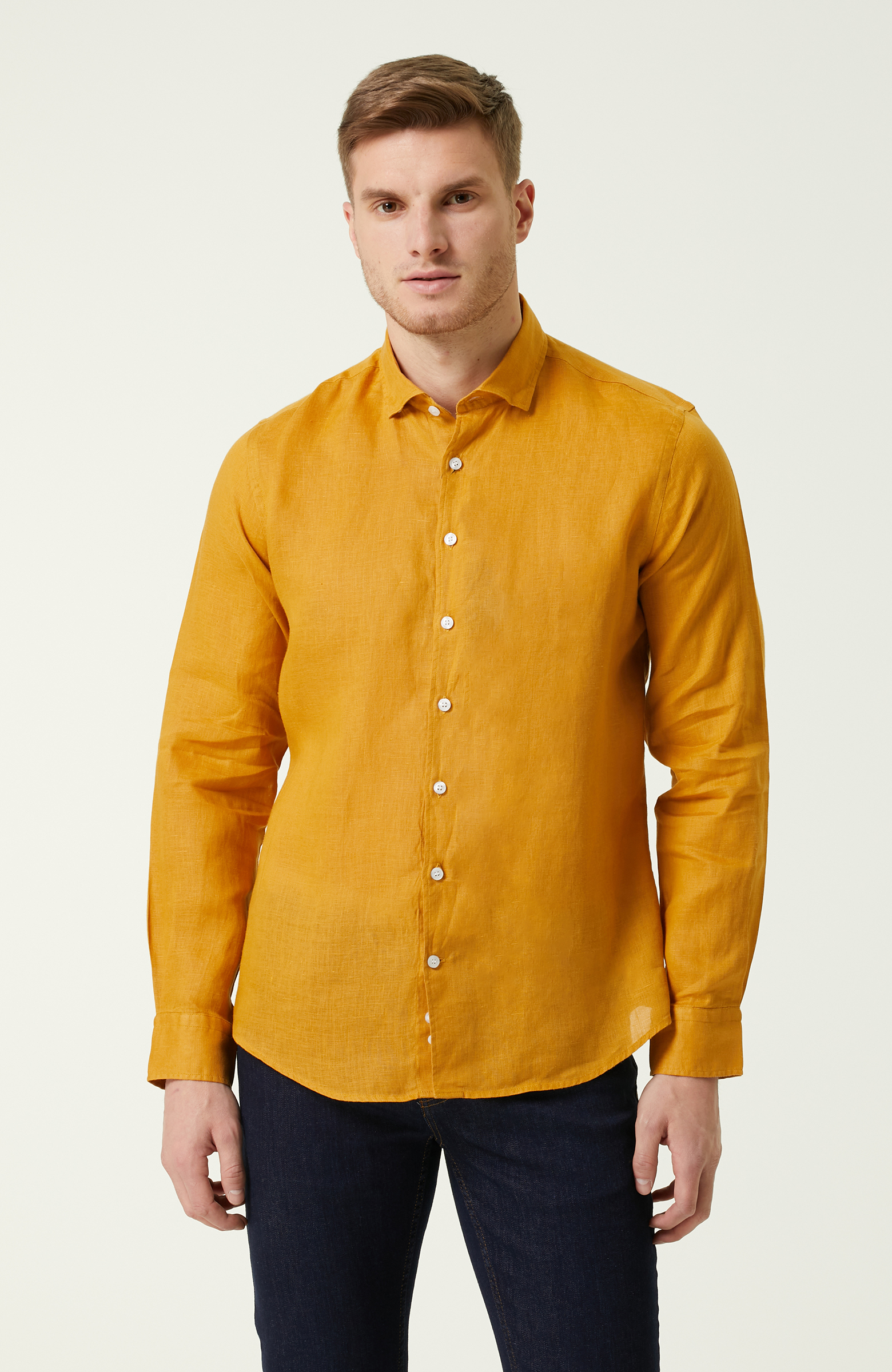 Slim Fit Sarı Keten Gömlek