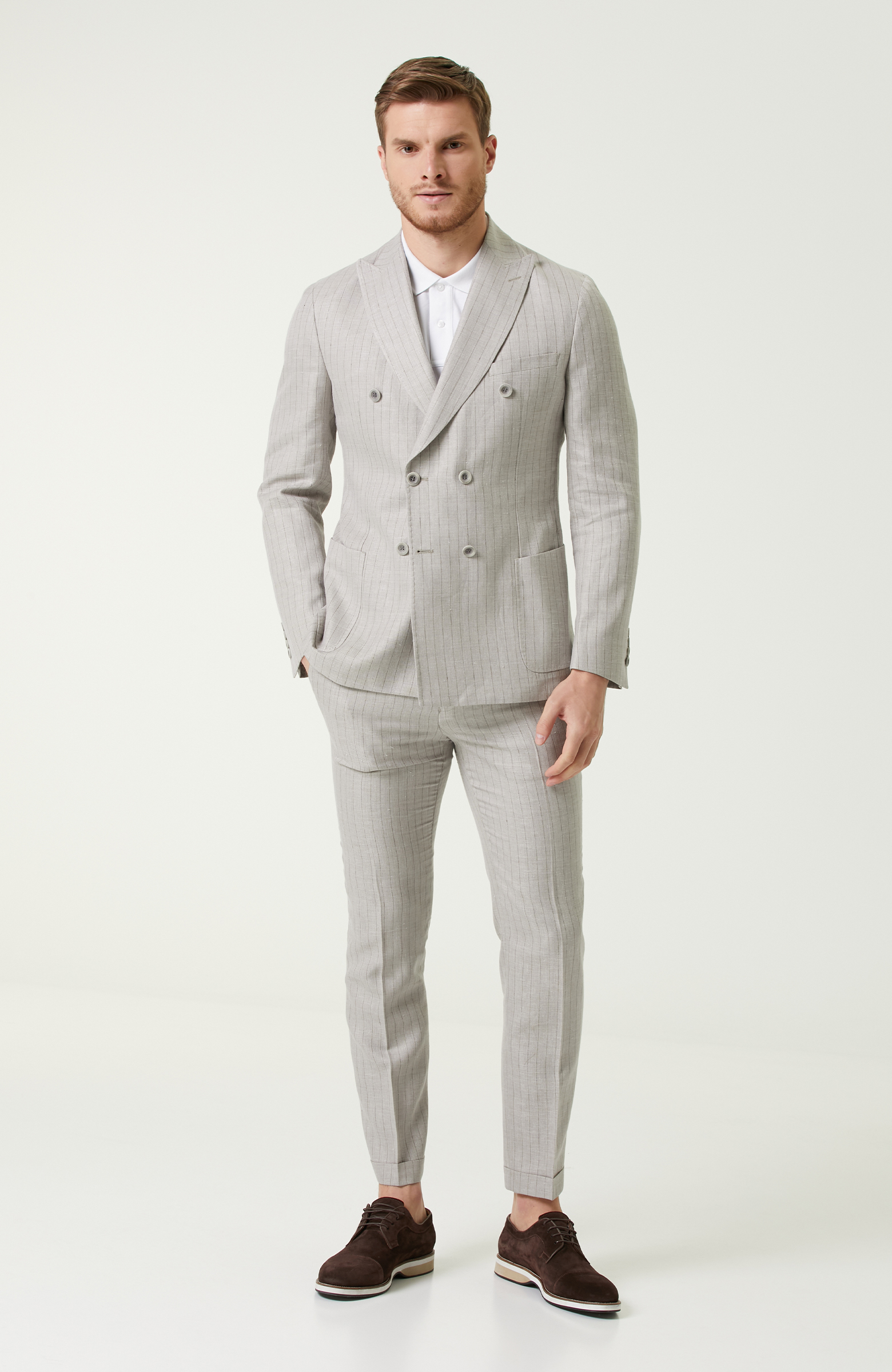Drop 6 Slim Fit Kruvaze Yaka Çizgili Keten Takım Drop 6 Slim Fit Kruvaze Yaka Çizgili Keten Takım