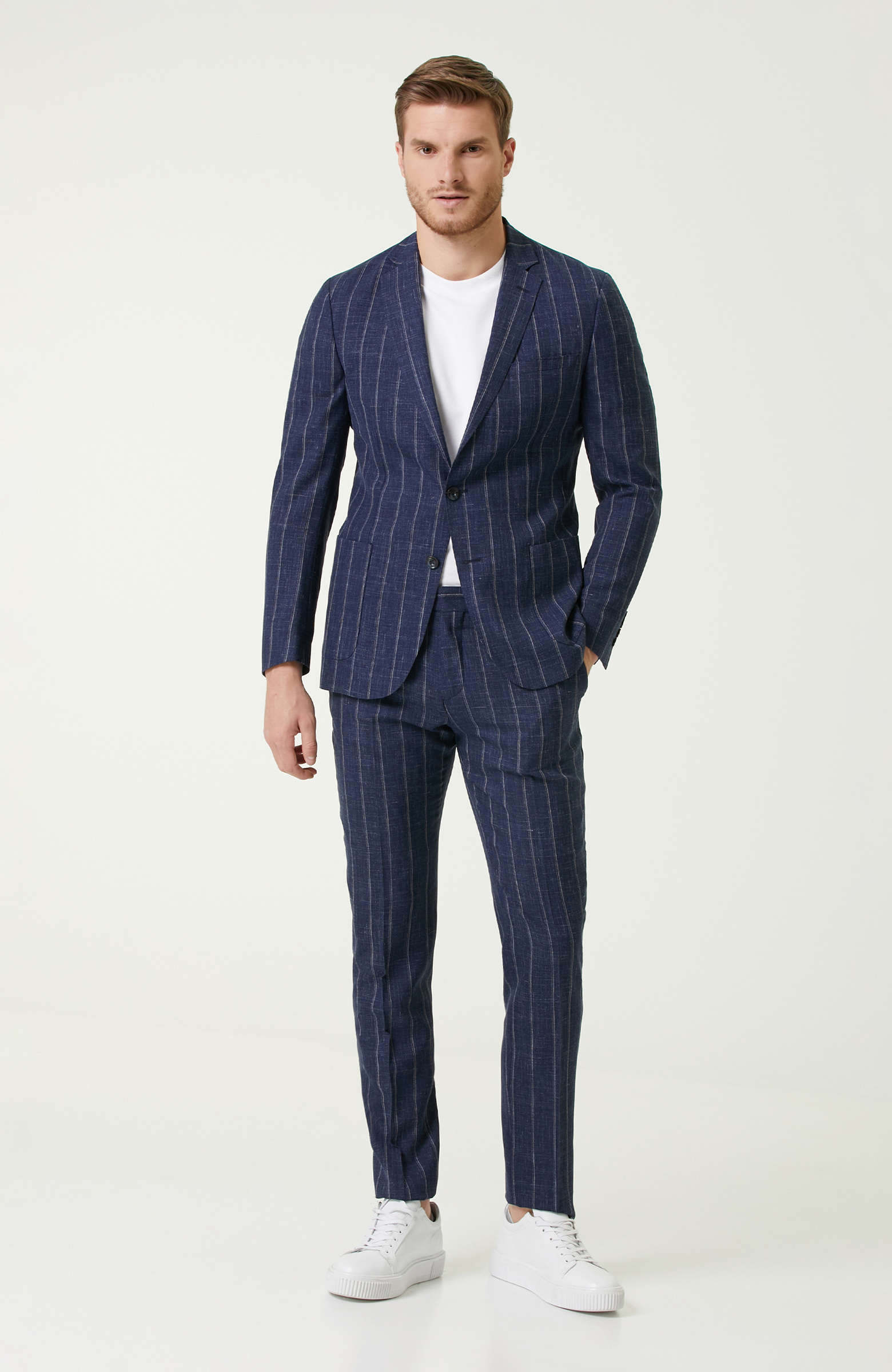 Lacivert Çizgili Yün Takım Elbise