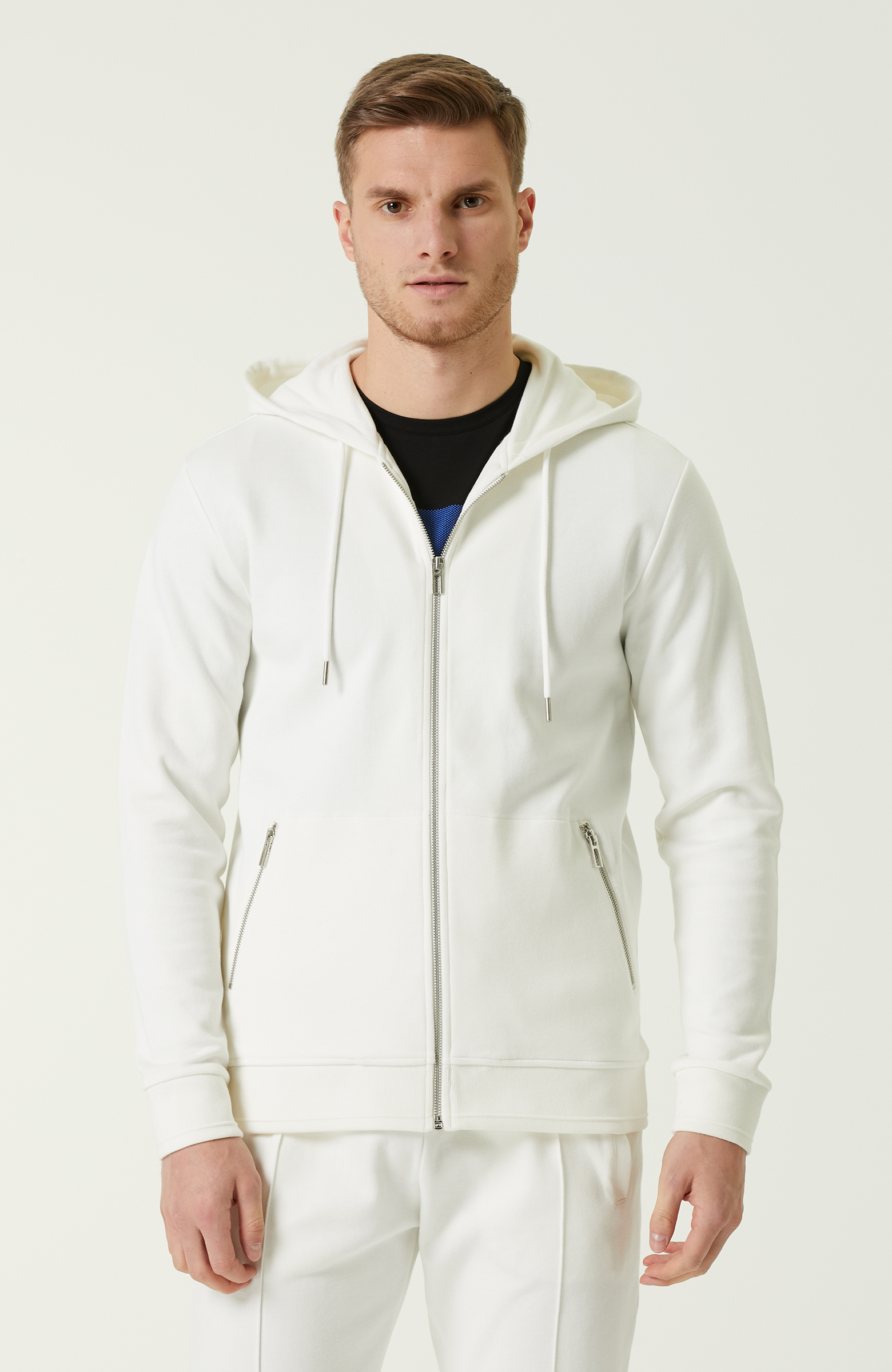 Comfort Fit Beyaz Kapüşonlu Sweatshirt